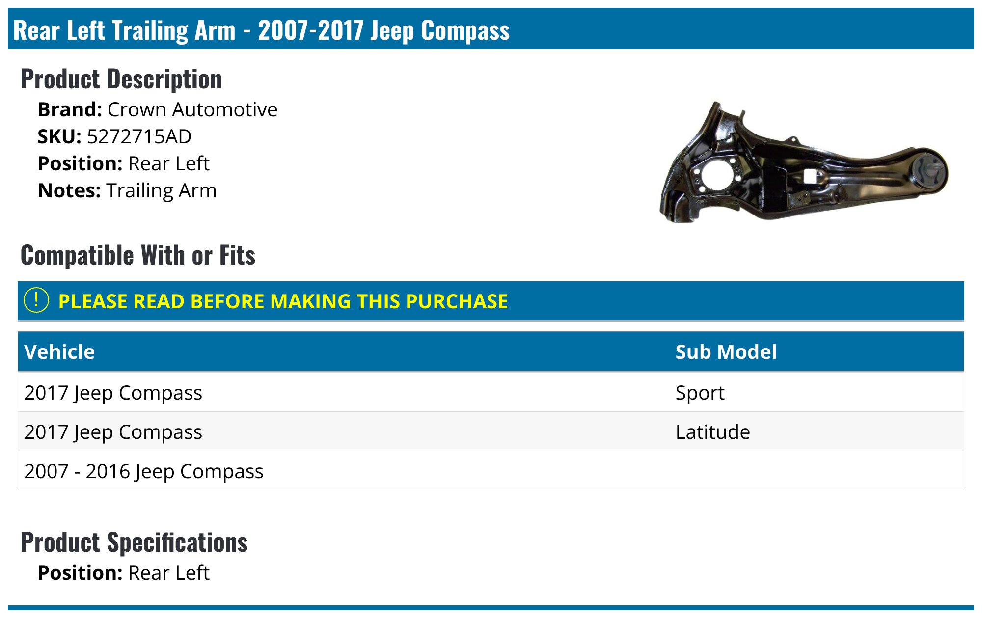 2007-2017 Jeep Compass Trailing Arm - Crown Automotive 5272715AD - Rear ...