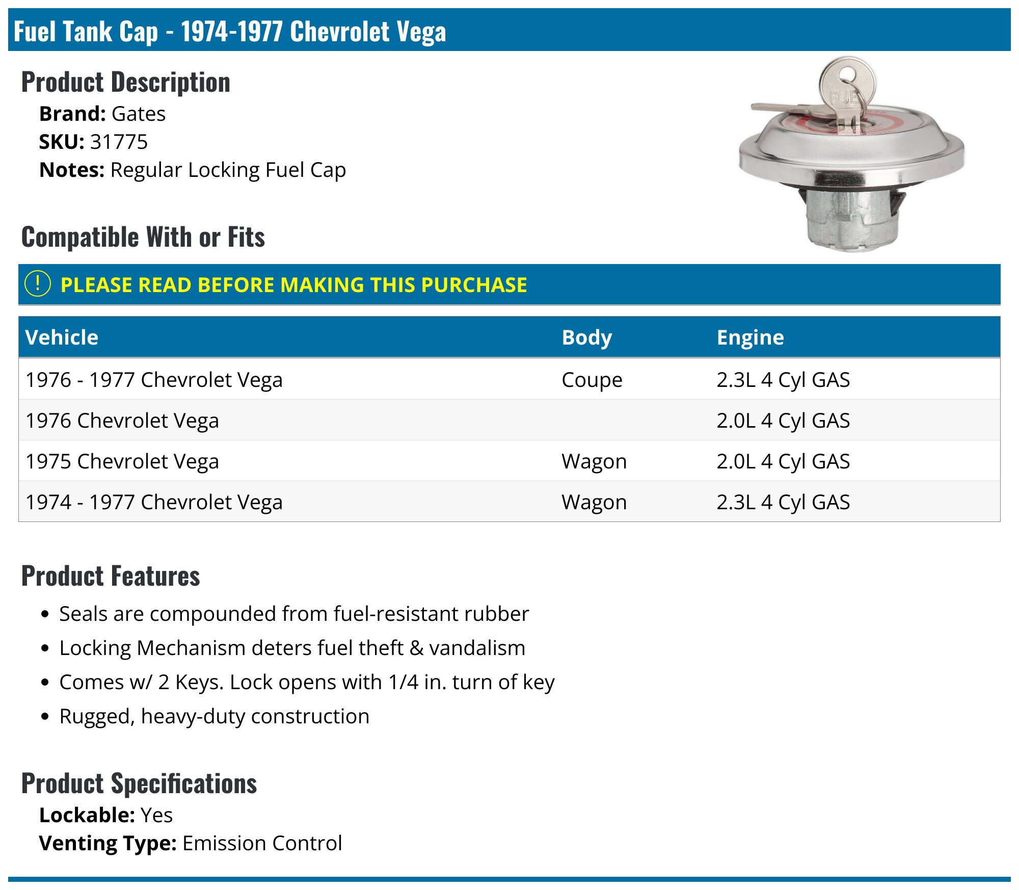 1974-1977 Chevrolet Vega Fuel Tank Cap - Gates 31775 - PartsGeek.com