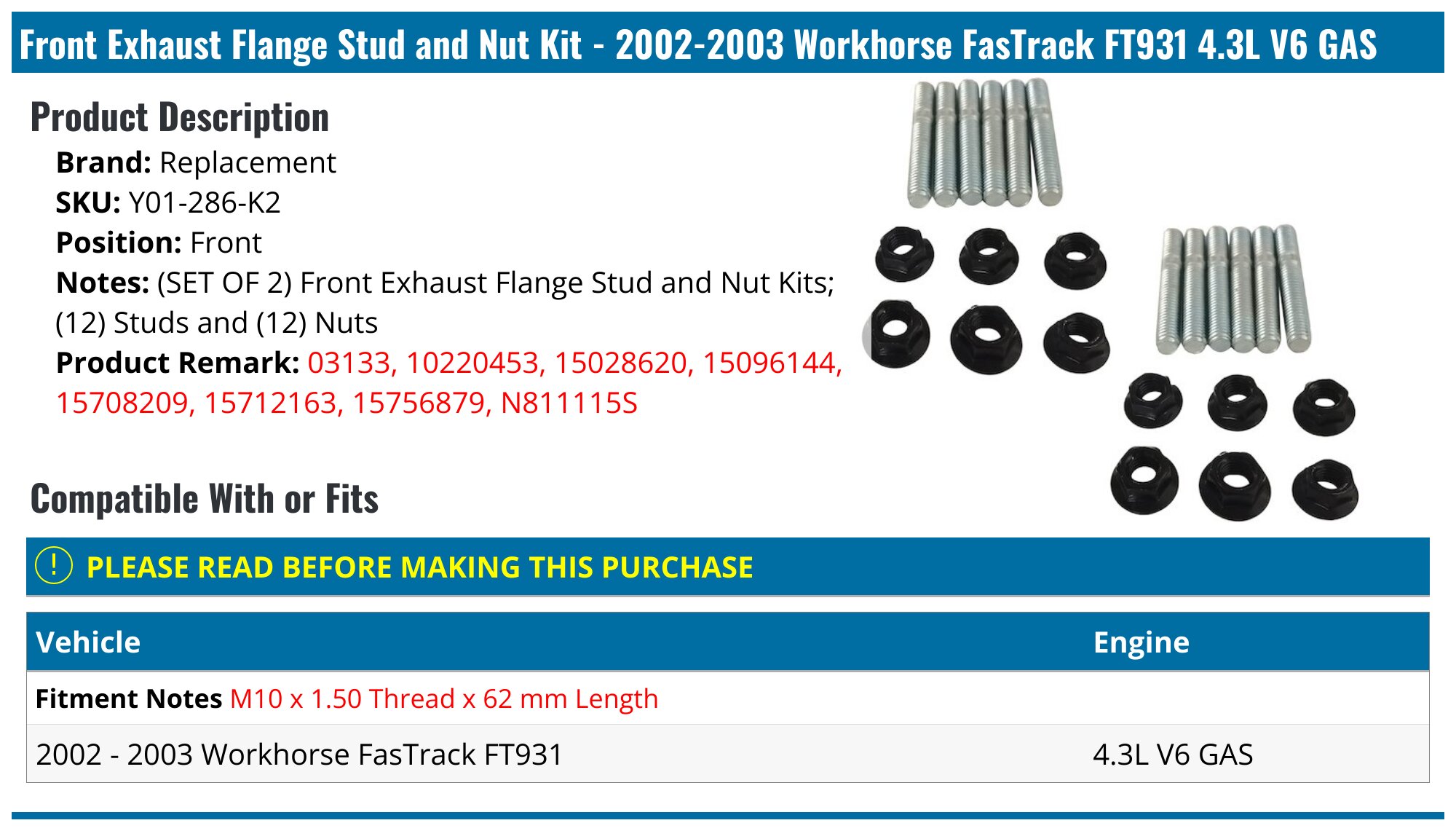 2002-2003 Workhorse FasTrack FT931 Exhaust Flange Stud and Nut ...