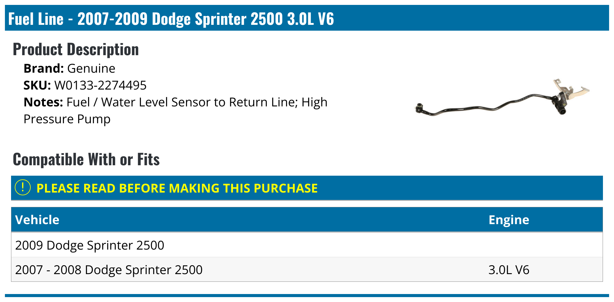 2007-2009 Dodge Sprinter 2500 Fuel Line - Genuine W0133-2274495 ...