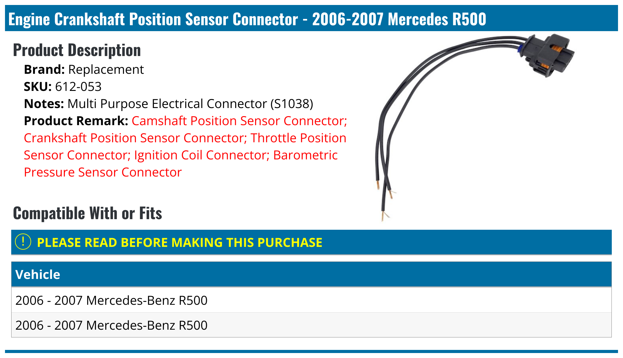 2006-2007 Mercedes R500 Engine Crankshaft Position Sensor Connector ...