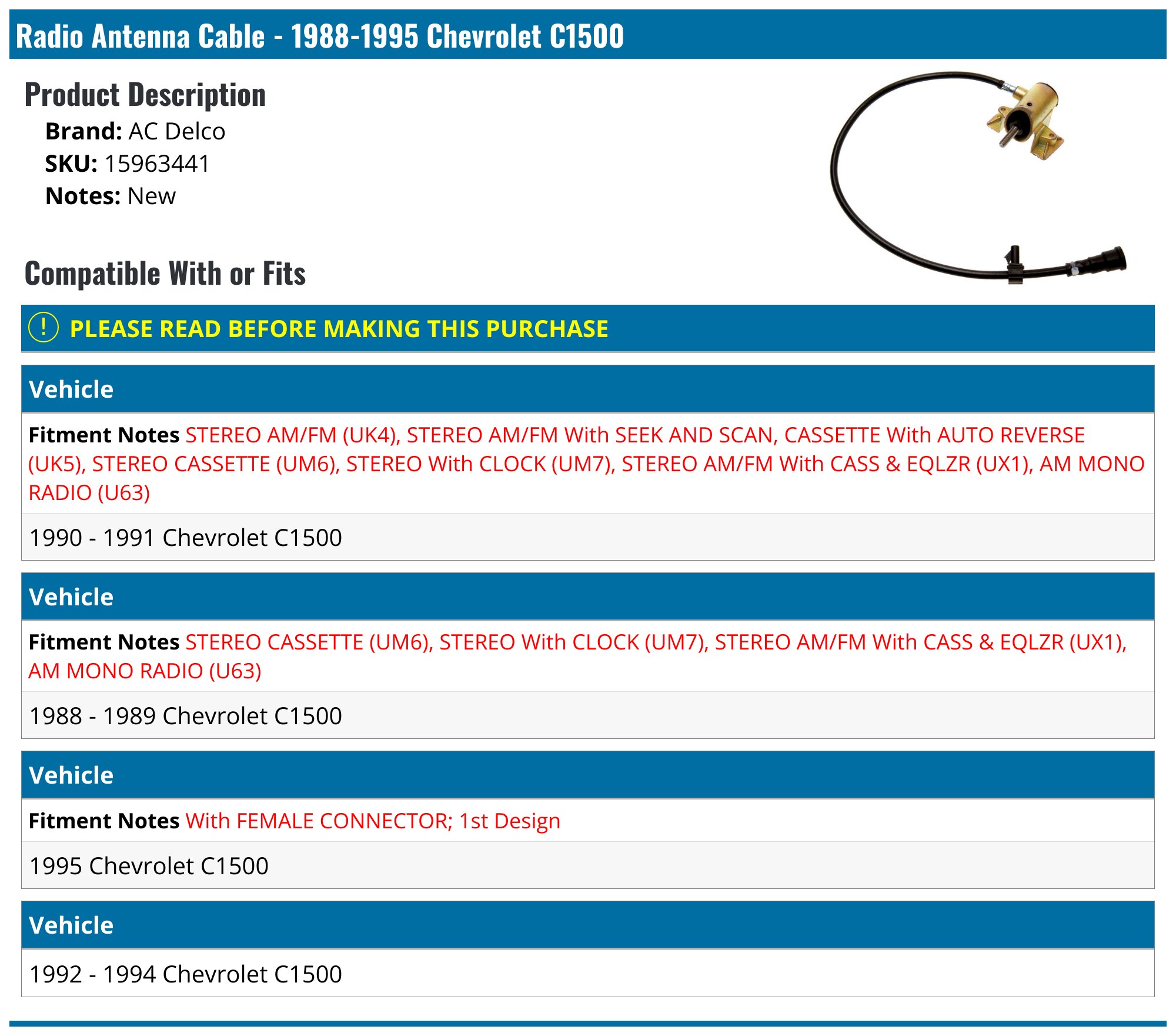 1988-1995 Chevrolet C1500 Radio Antenna Cable - AC Delco 15963441 ...