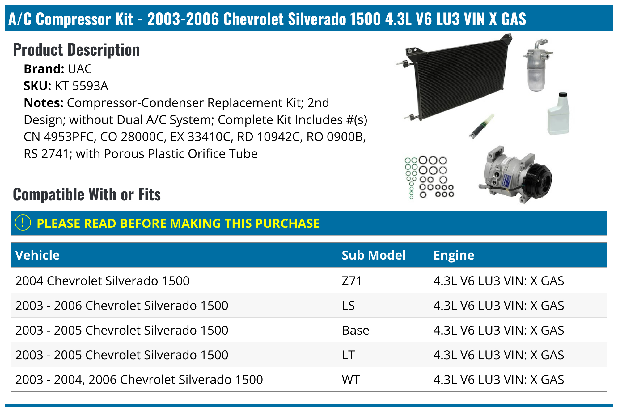 2003-2006 Chevrolet Silverado 1500 A/C Compressor - UAC KT 5593A ...
