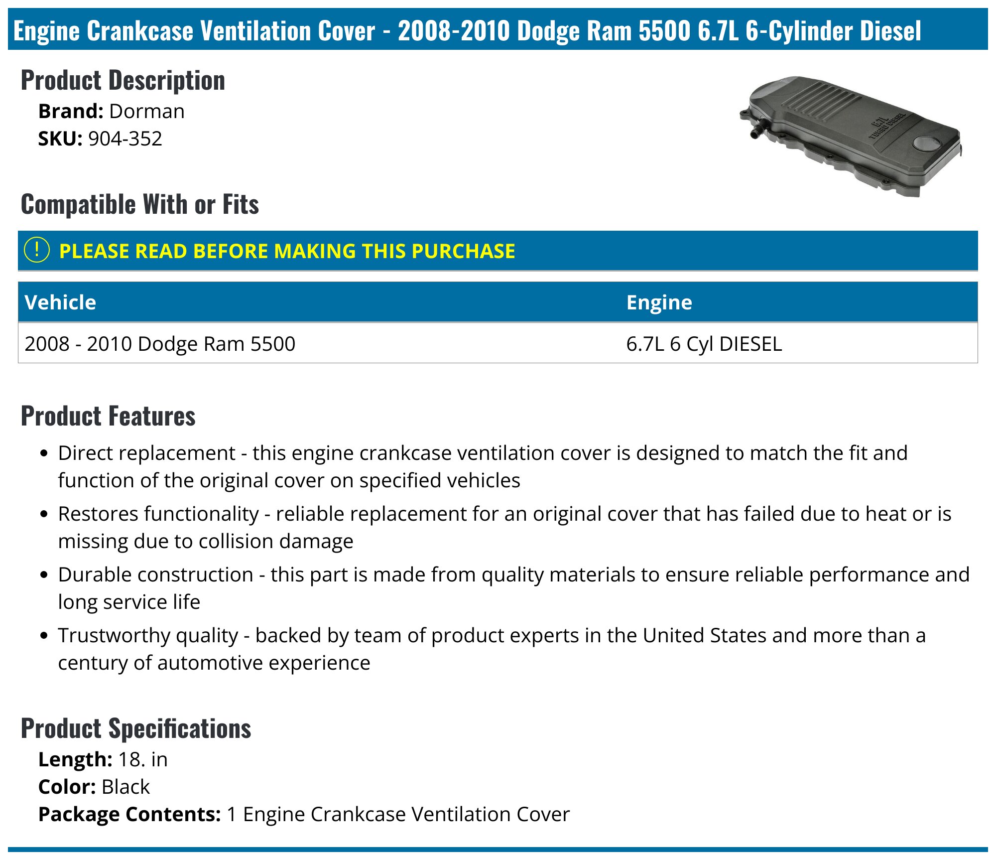 2008-2010 Dodge Ram 5500 Engine Crankcase Ventilation Cover - Dorman ...