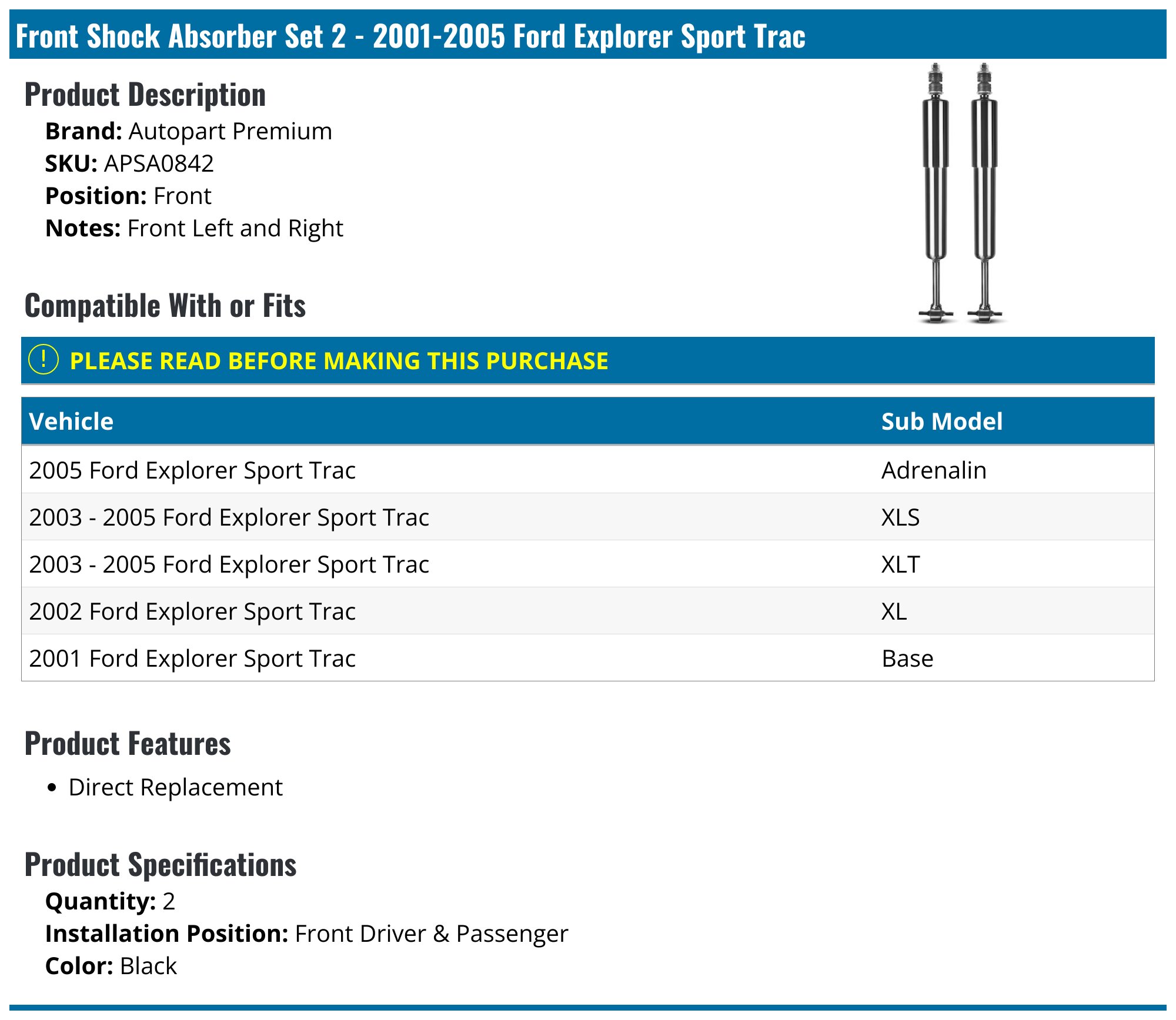 2001-2005 Ford Explorer Sport Trac Shock Absorber - Autopart Premium ...