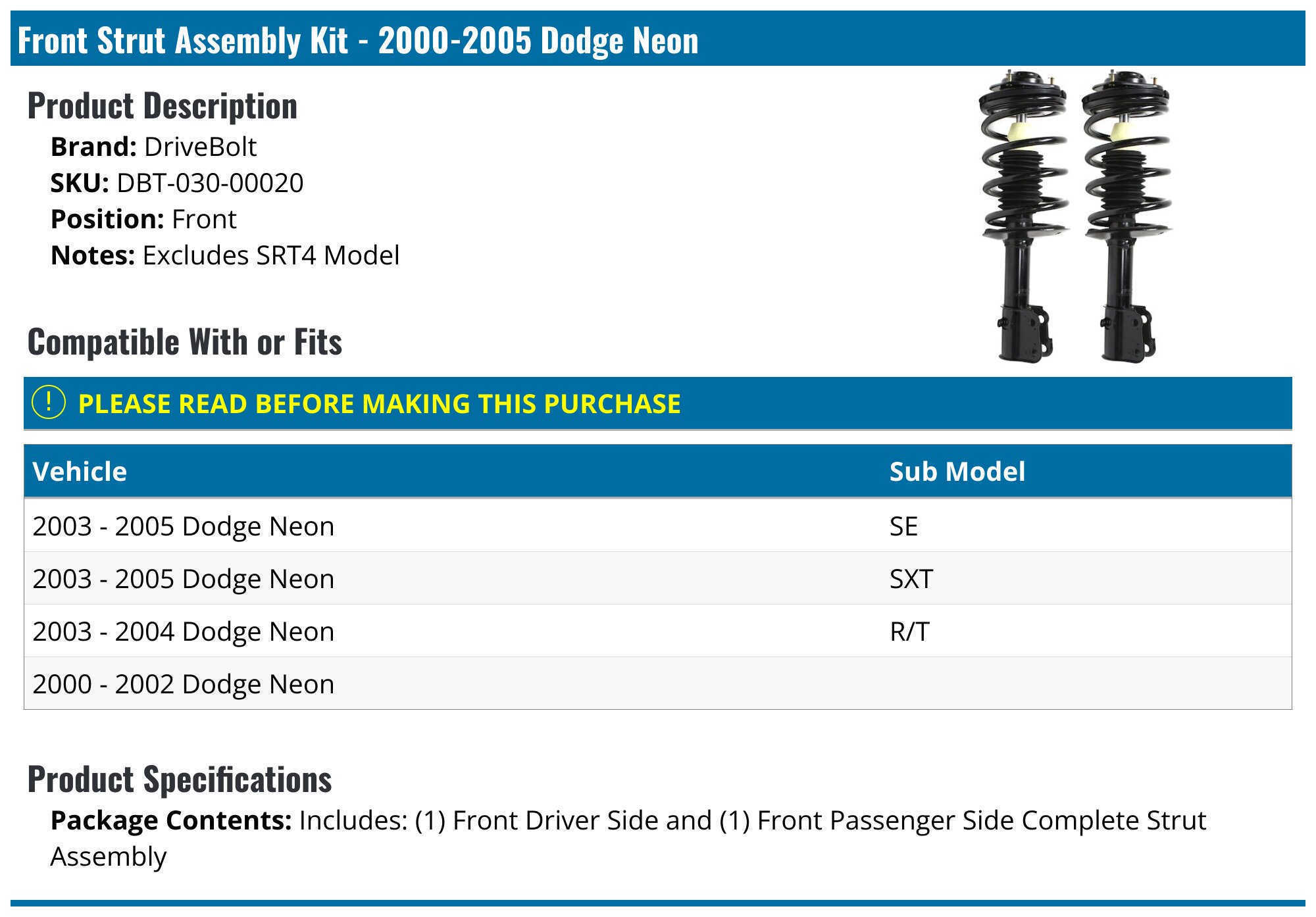 2000-2005 Dodge Neon Strut Assembly - DriveBolt DBT-030-00020 - Front ...