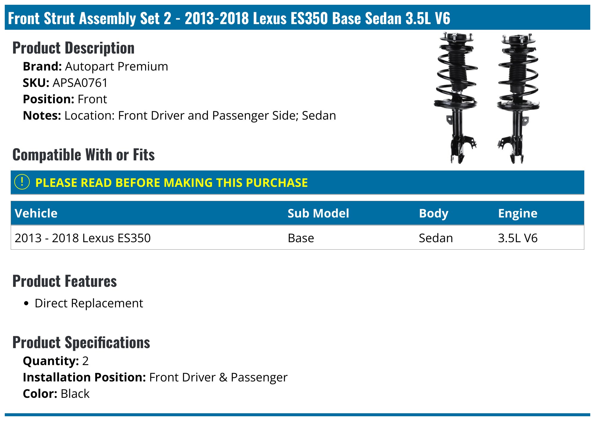 2013-2018 Lexus ES350 Strut Assembly - Autopart Premium APSA0761 ...