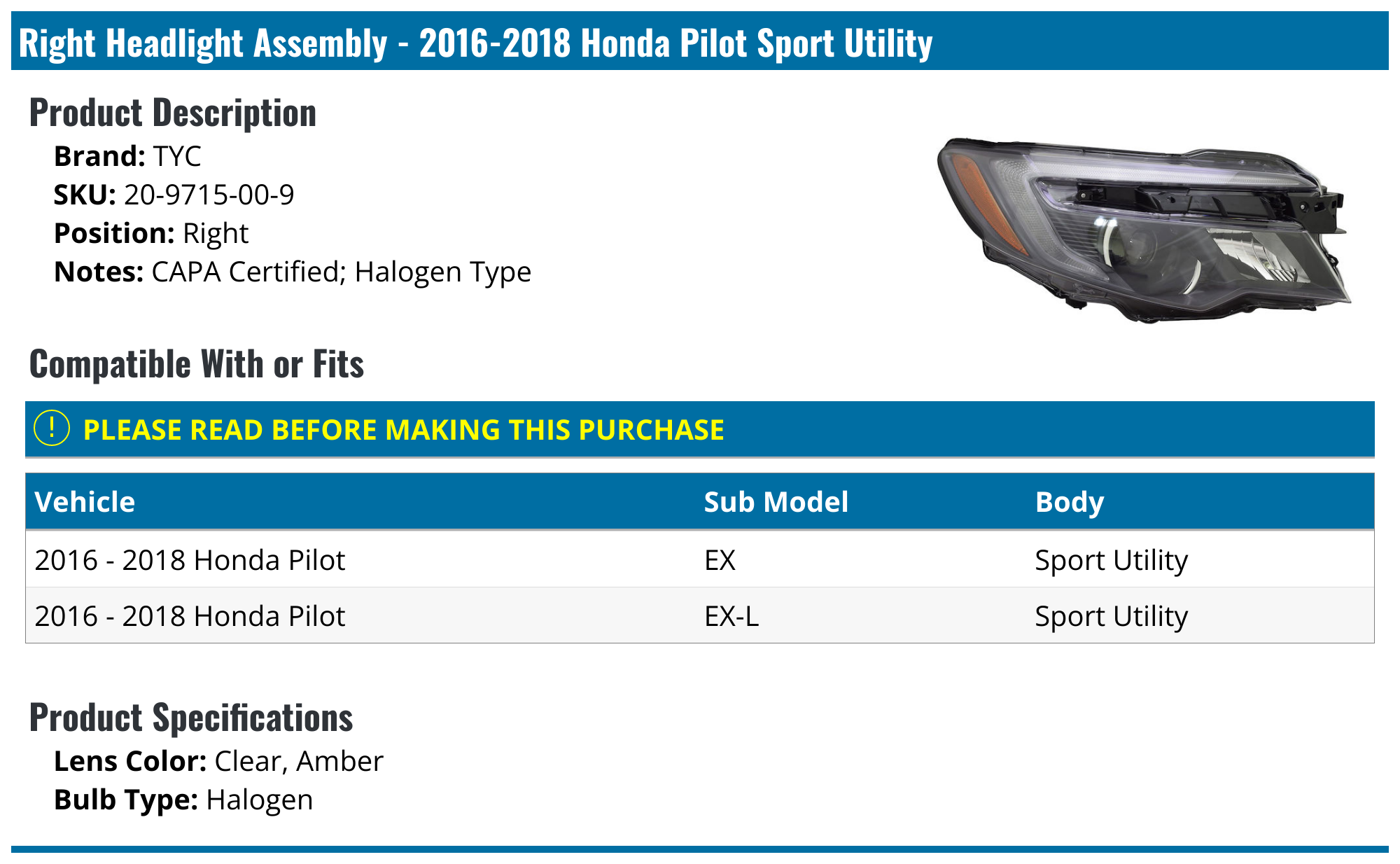 2016-2018 Honda Pilot Headlight Assembly - TYC 20-9715-00-9 - Right ...