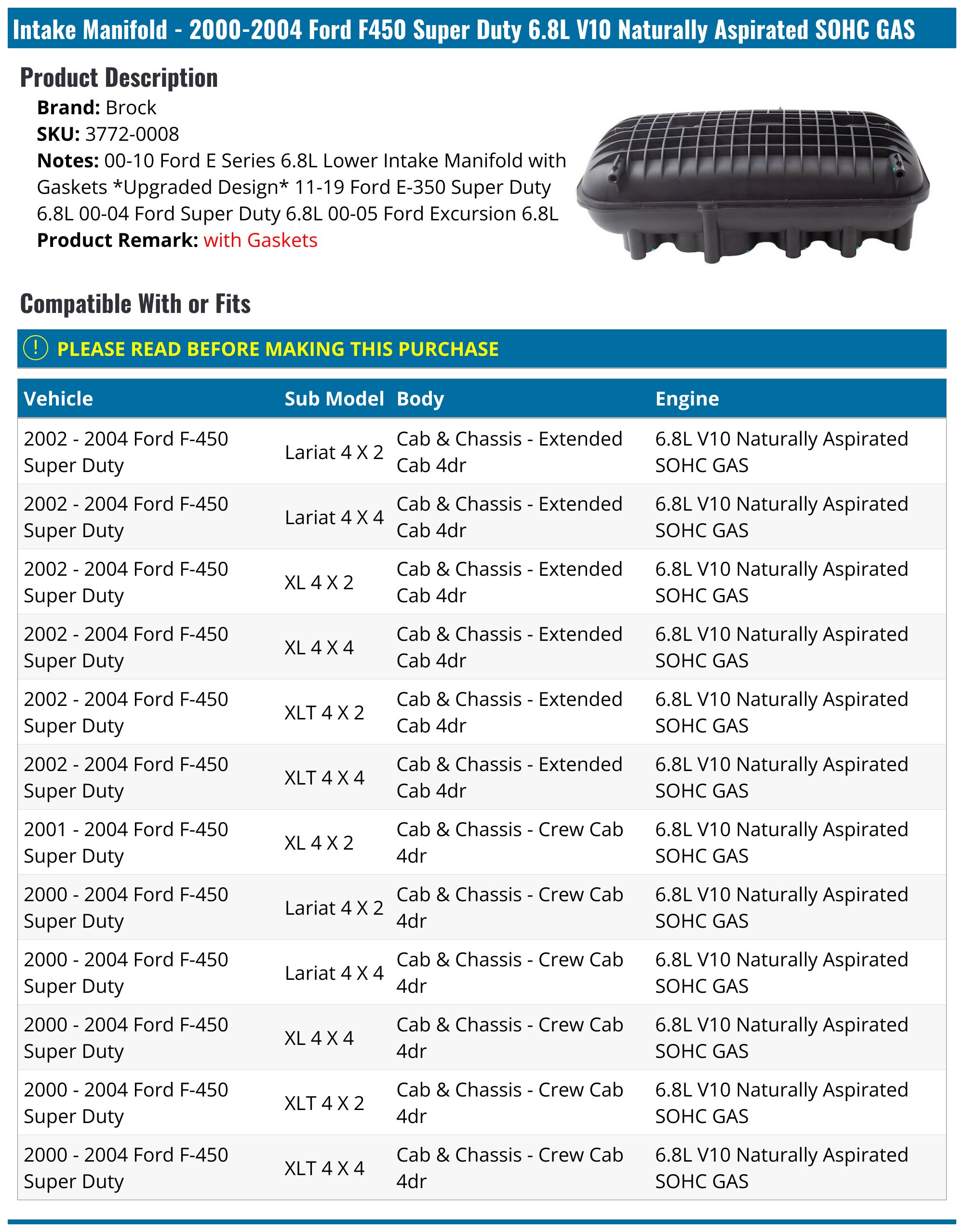 2000-2004 Ford F450 Super Duty Intake Manifold - Brock 3772-0008 ...