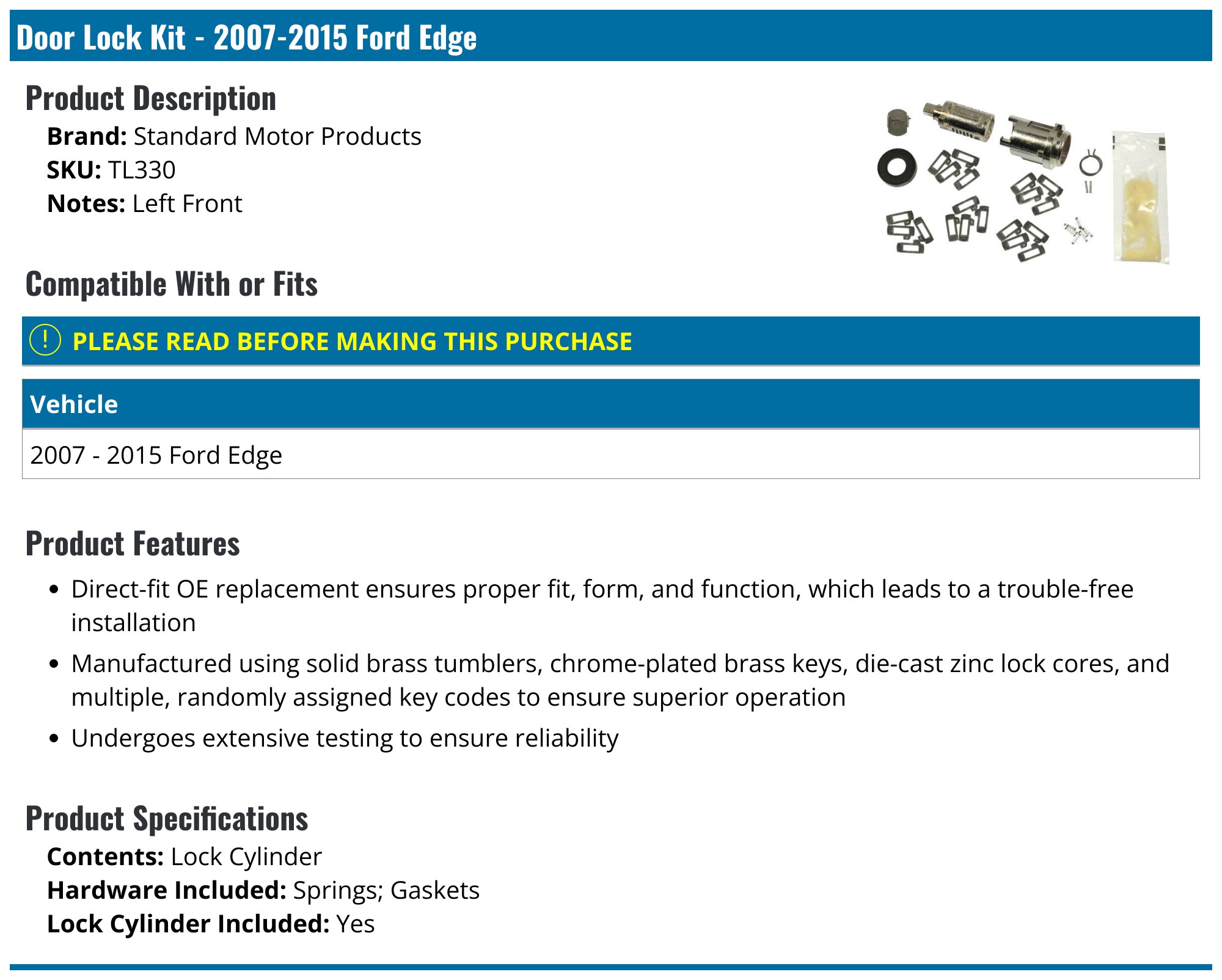 2007-2015 Ford Edge Door Lock Kit - Standard Motor Products TL330 ...
