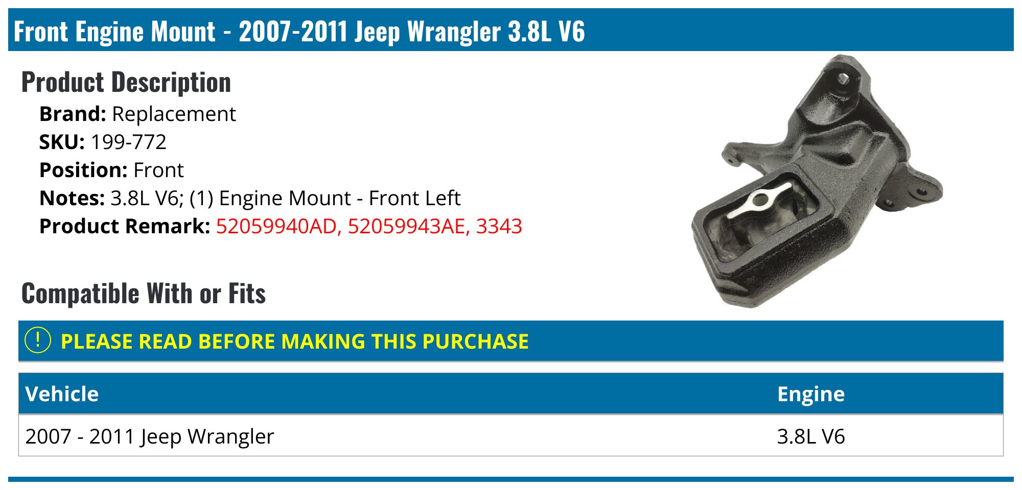 2007-2011 Jeep Wrangler Engine Mount - Replacement 199-772 - Front ...