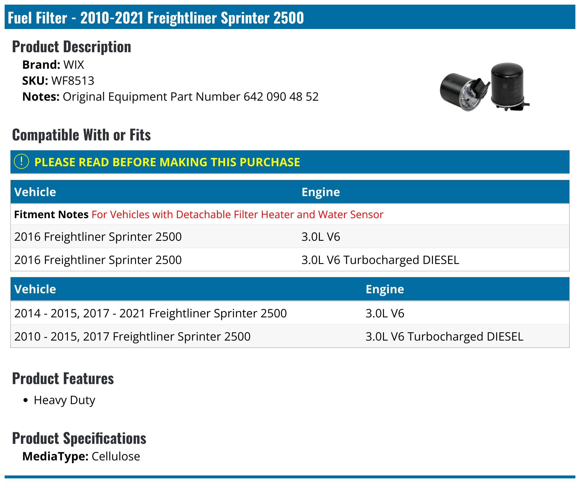 2010-2021 Freightliner Sprinter 2500 Fuel Filter - WIX WF8513 ...