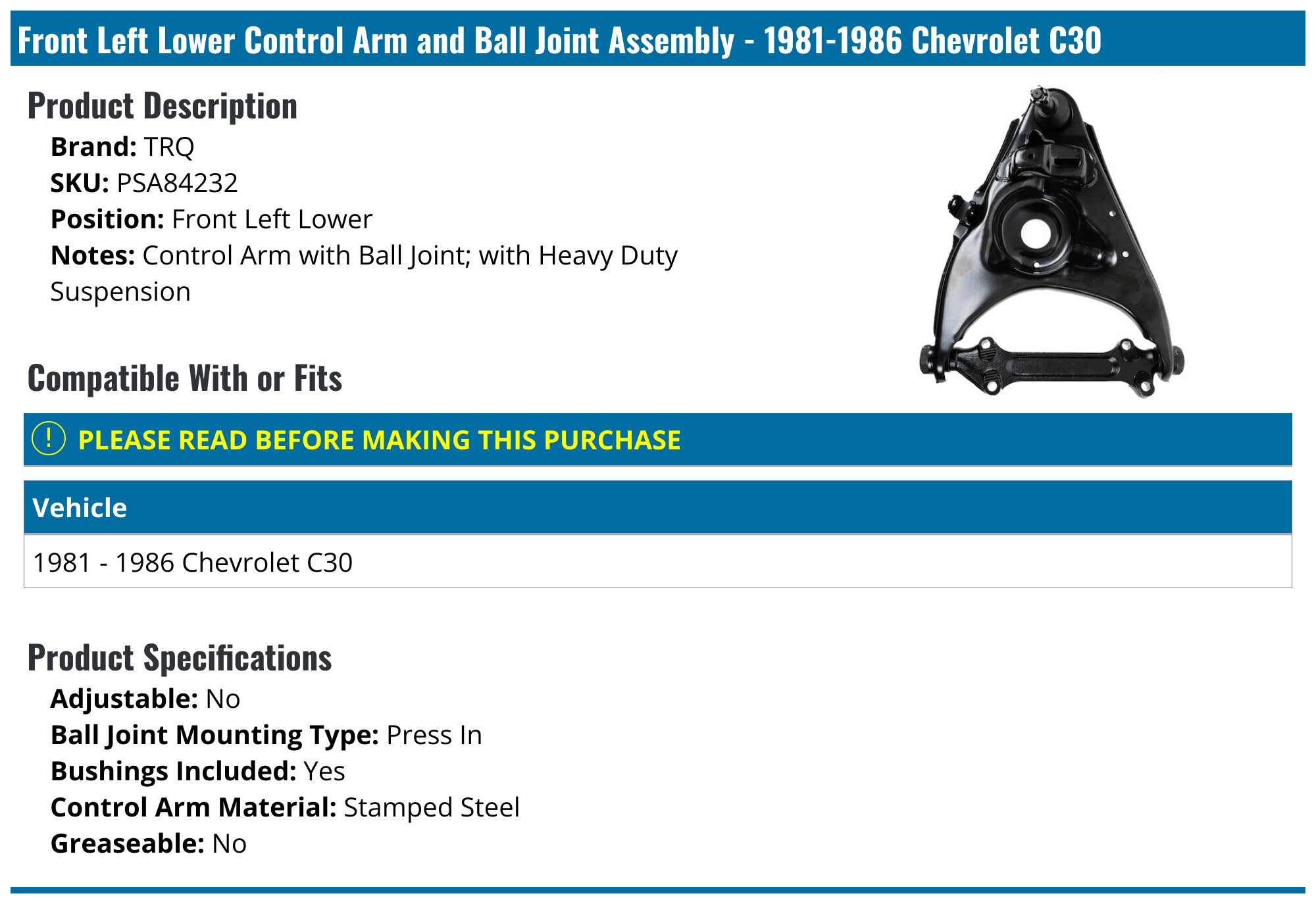 1981-1986 Chevrolet C30 Control Arm - TRQ PSA84232 - Front Left Lower ...