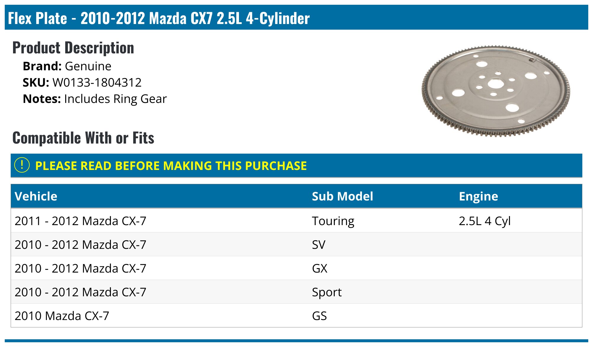 2010-2012 Mazda CX7 Flex Plate - Genuine W0133-1804312 - PartsGeek.com