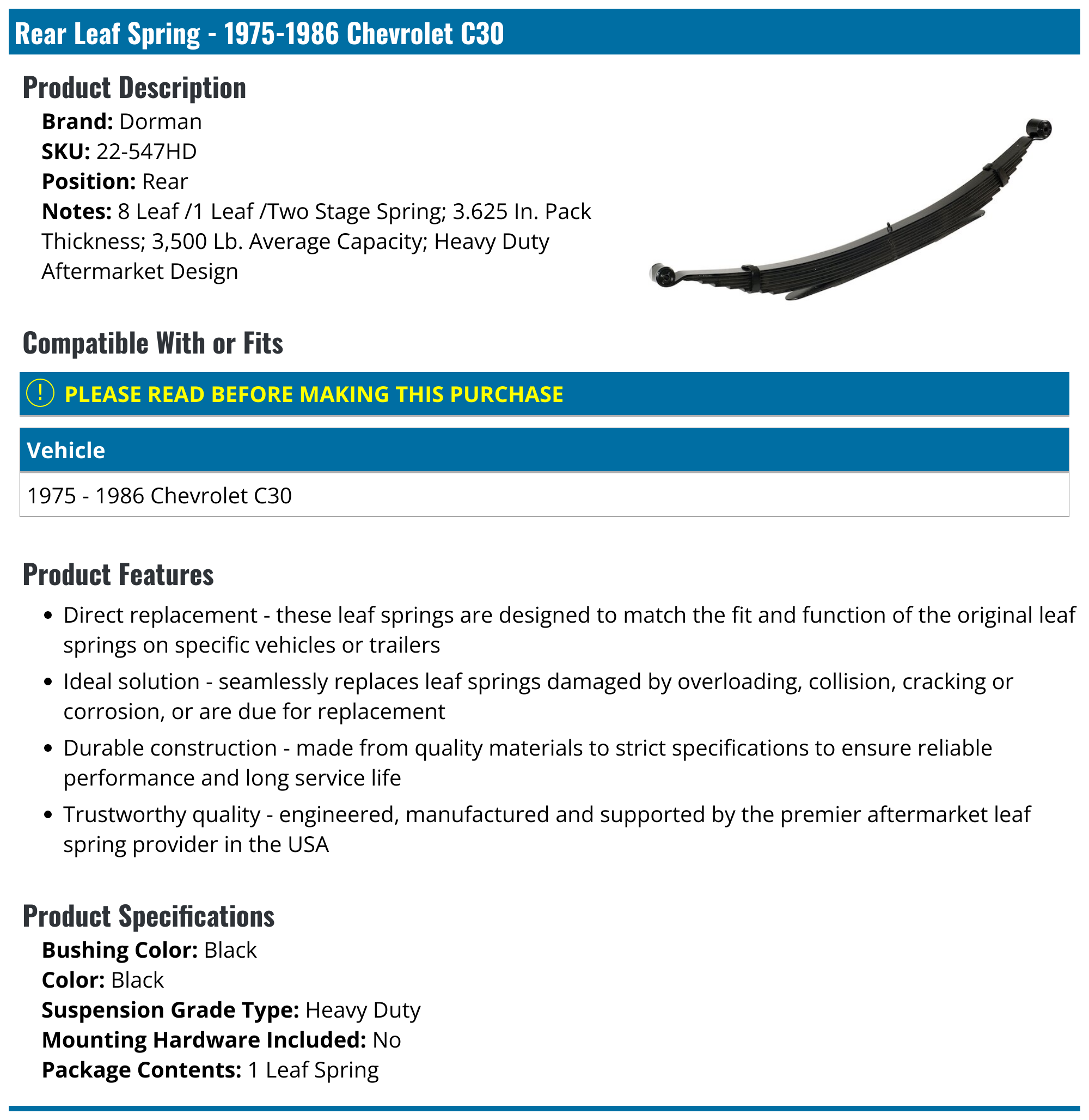 1975-1986 Chevrolet C30 Leaf Spring - Dorman 22-547HD - Rear ...