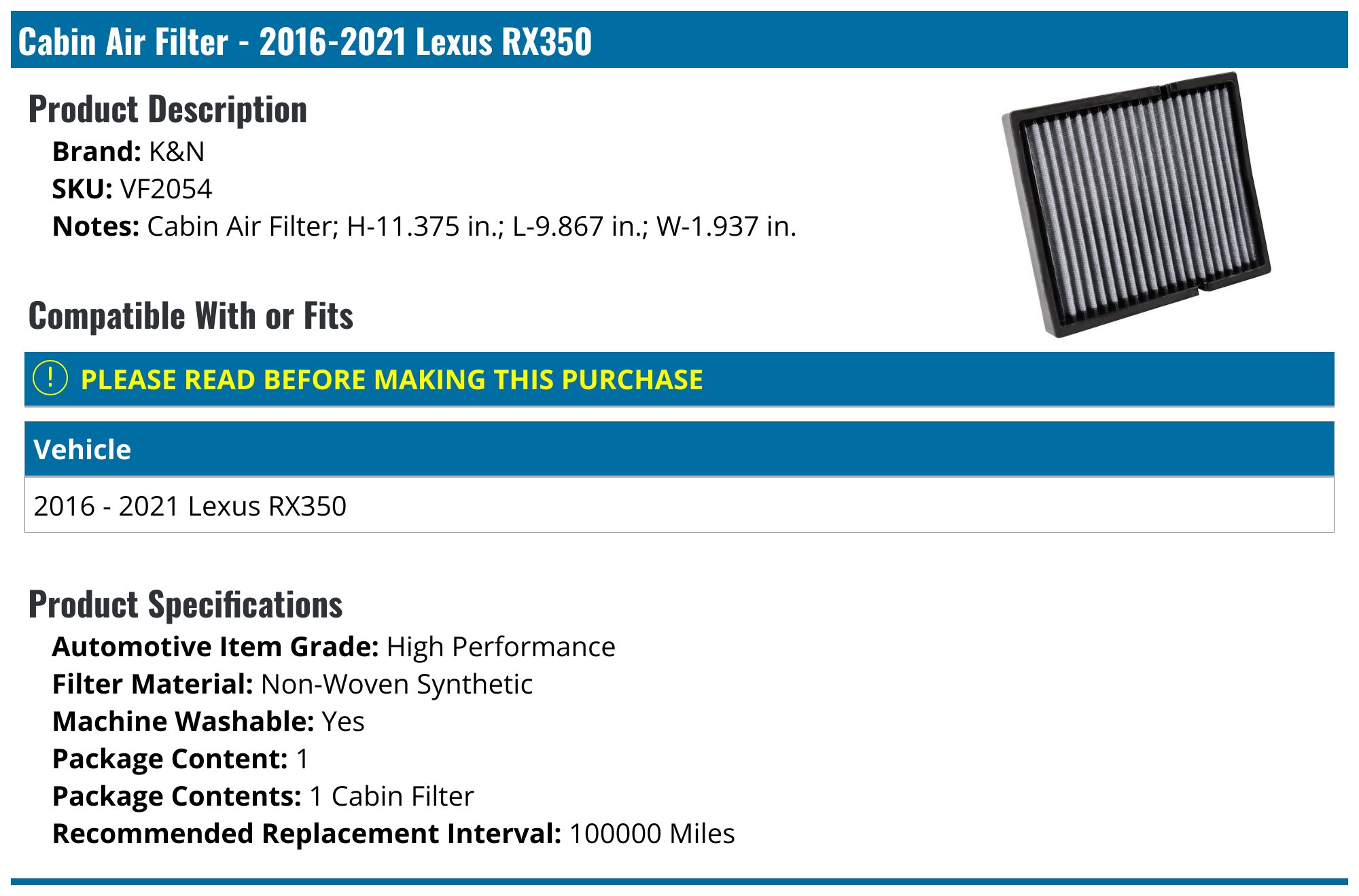 2016-2025 Lexus RX350 Cabin Air Filter - K&N VF2054 - PartsGeek.com