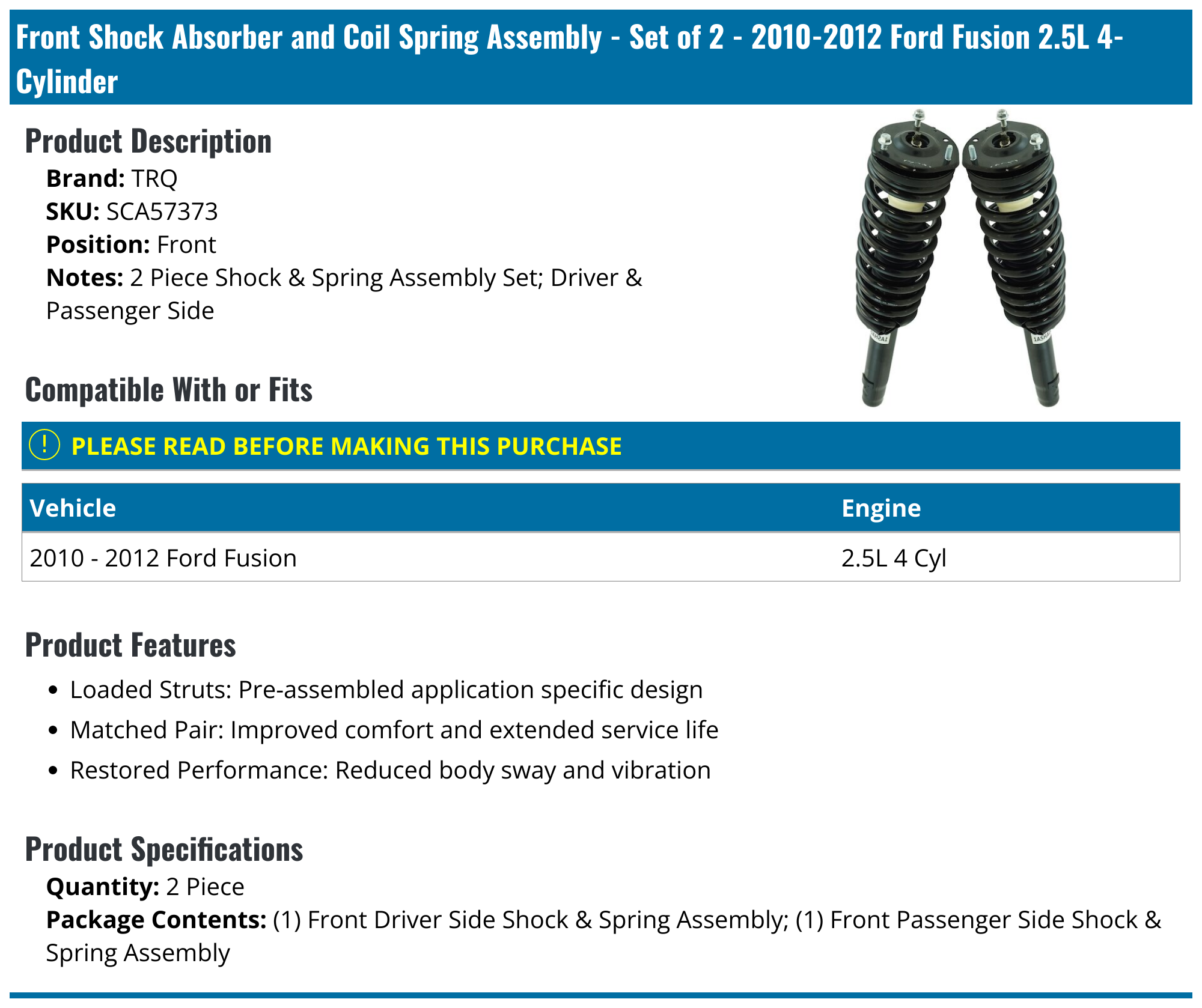 2010-2012 Ford Fusion Strut Assembly - TRQ SCA57373 - Front - PartsGeek.com