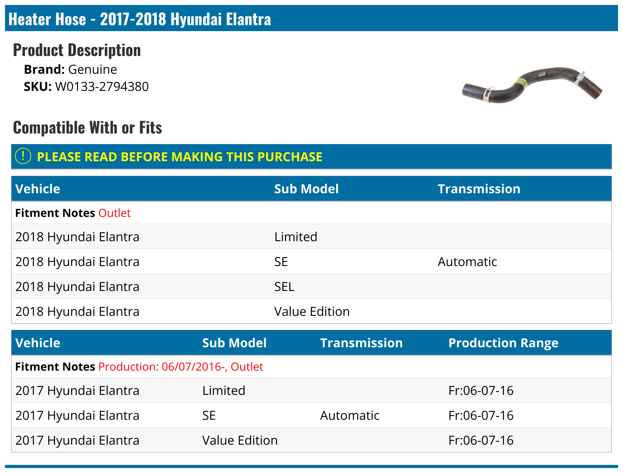 2017-2018 Hyundai Elantra Heater Hose - Genuine W0133-2794380 ...