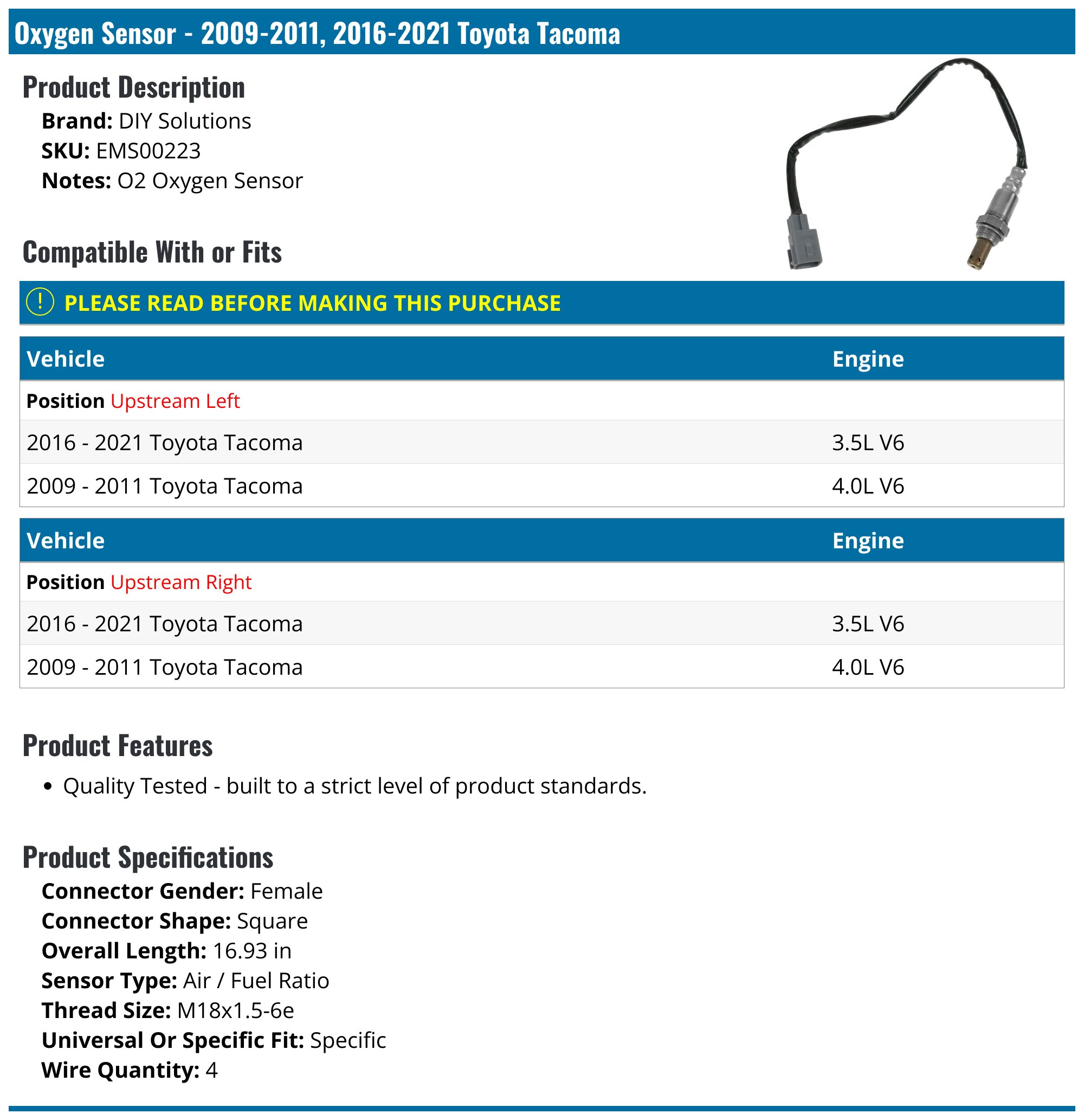 2009-2011, 2016-2021 Toyota Tacoma Oxygen Sensor - DIY Solutions ...