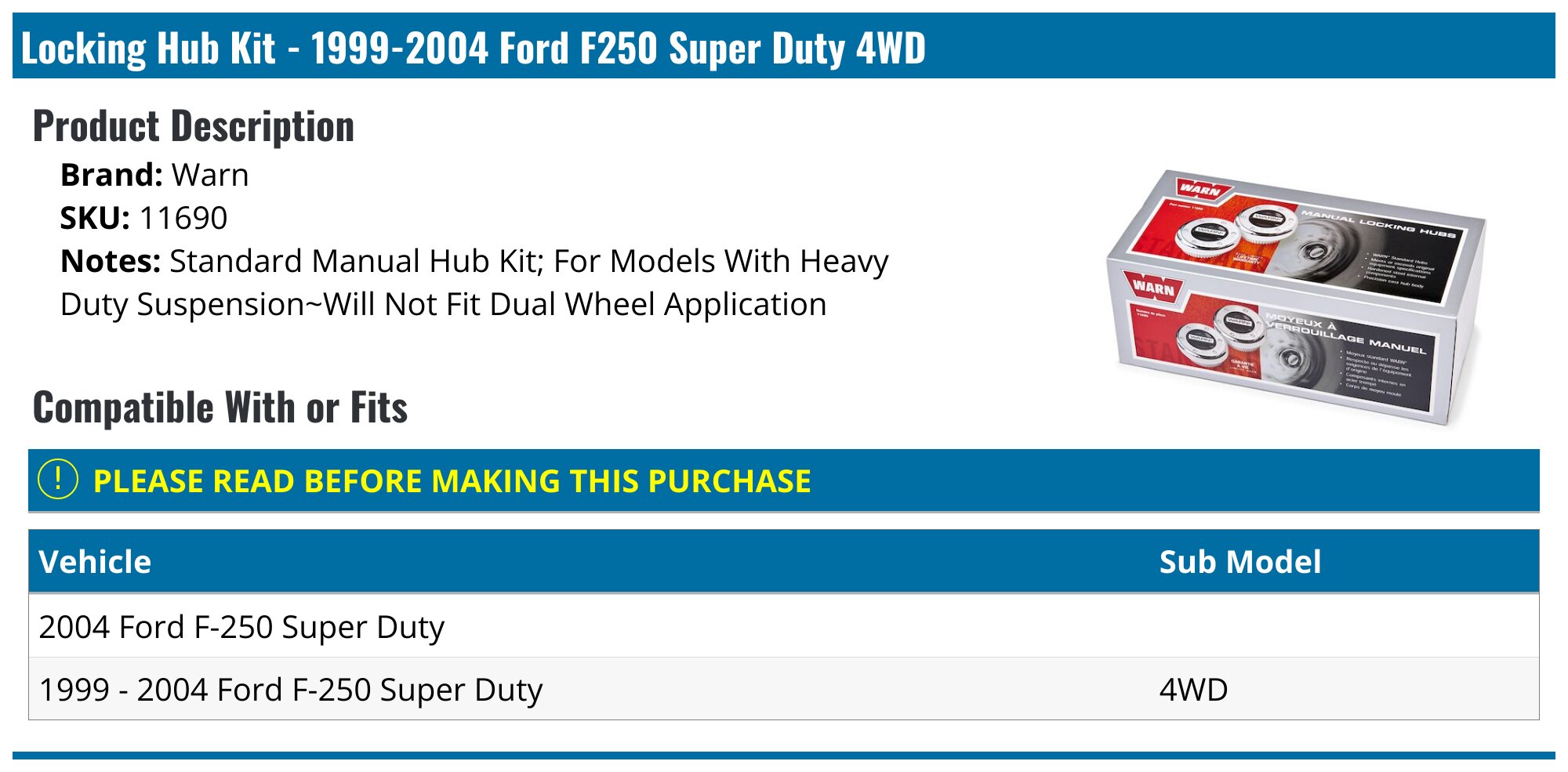 1999-2004 Ford F250 Super Duty Locking Hub - Warn 11690 - PartsGeek.com
