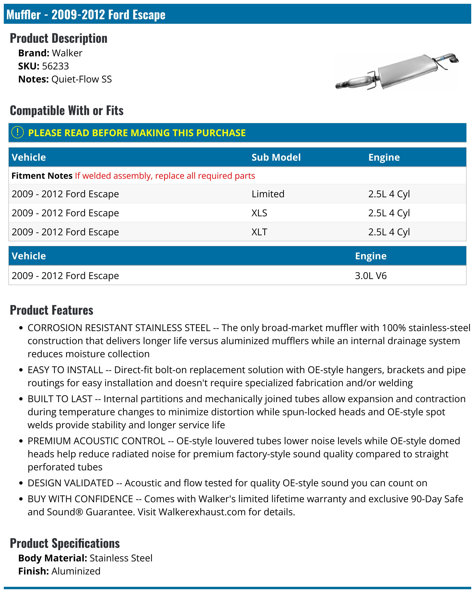 2009-2012 Ford Escape Muffler - Walker 56233 - PartsGeek.com