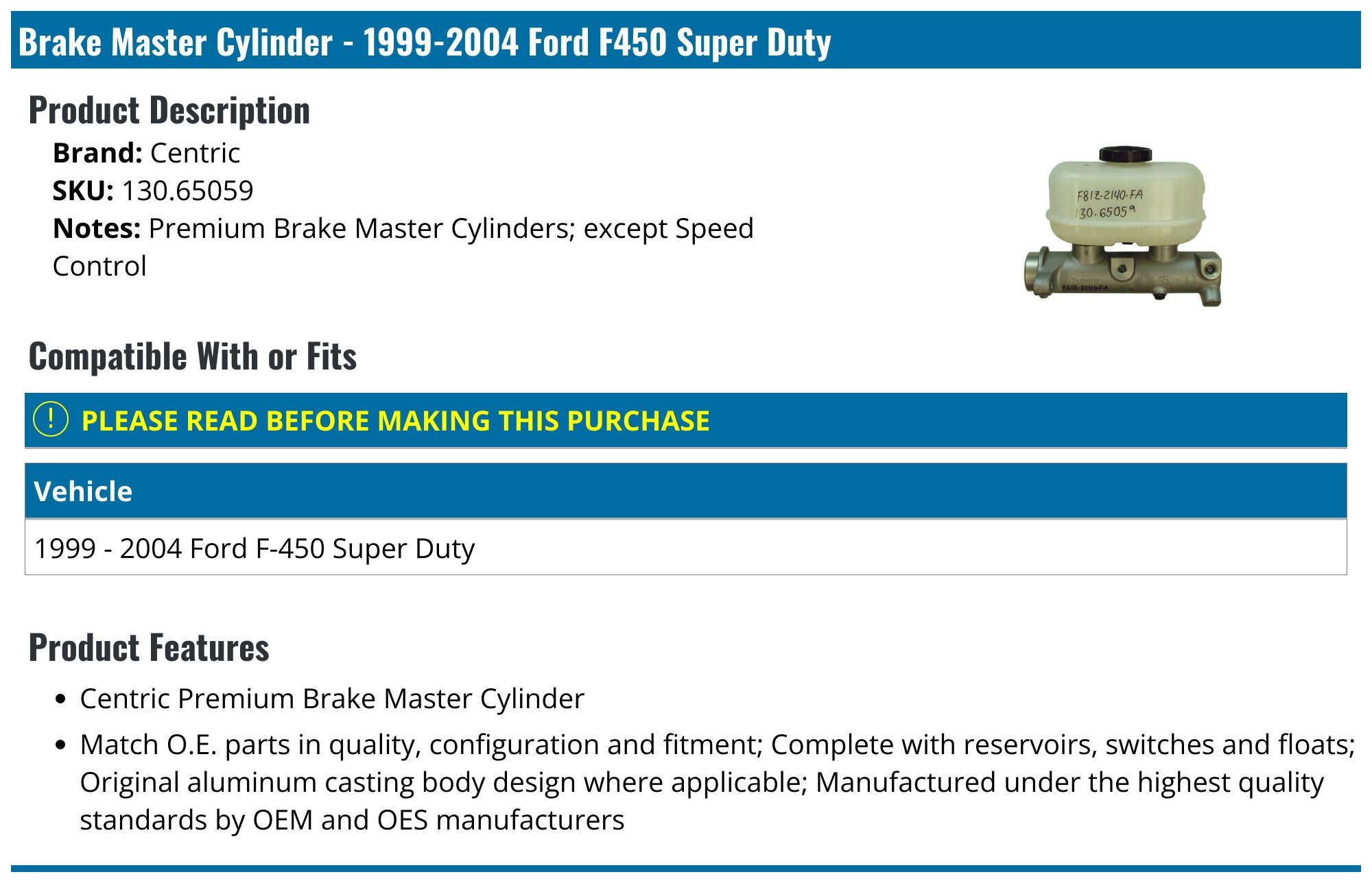 1999-2004 Ford F450 Super Duty Brake Master Cylinder - Centric 130. ...