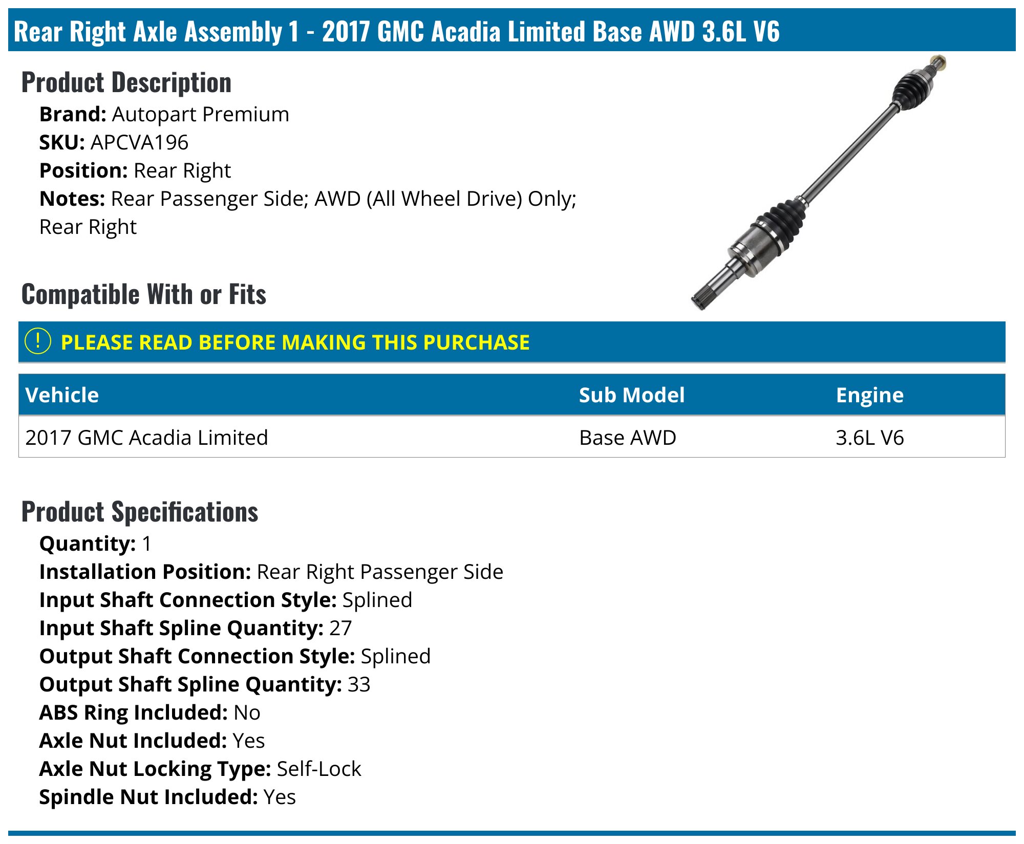 2017 GMC Acadia Limited Axle Assembly - Autopart Premium APCVA196 ...