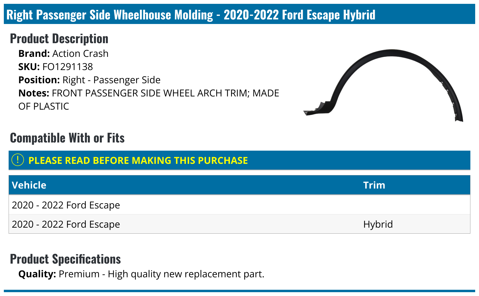2020-2025 Ford Escape Wheelhouse Molding - Action Crash FO1291138 ...