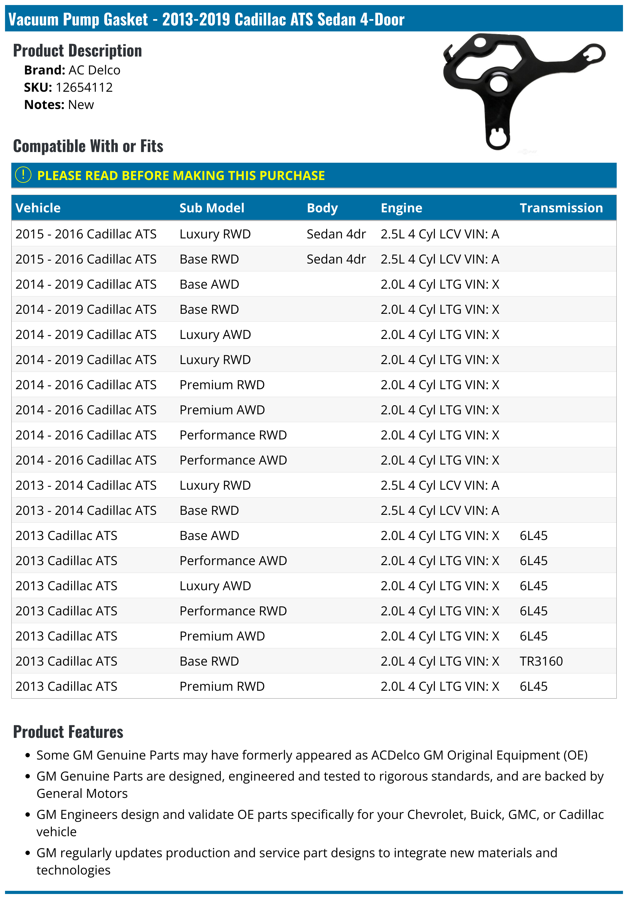 2013-2019 Cadillac ATS Vacuum Pump Gasket - AC Delco 12654112 ...