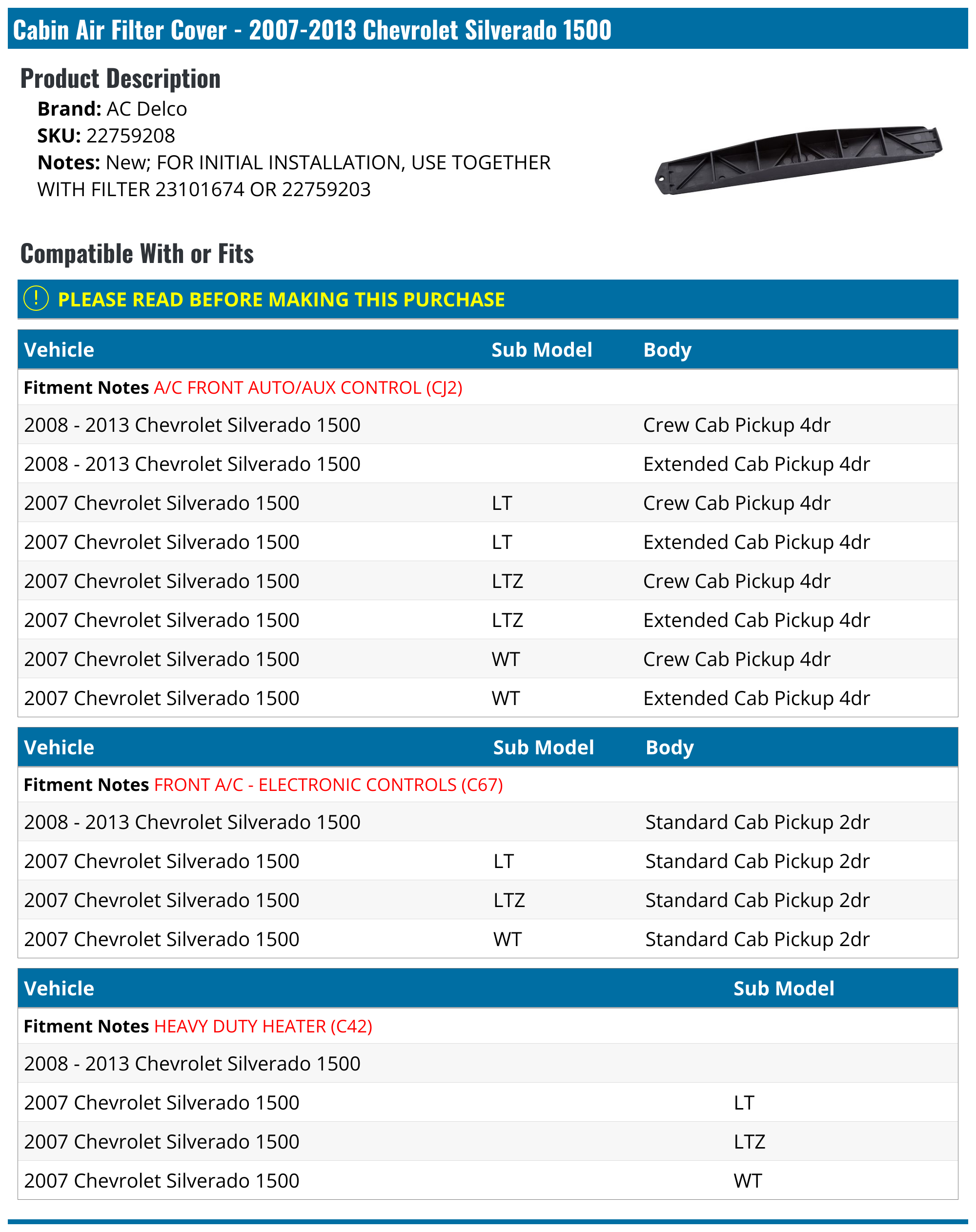 2007-2013 Chevrolet Silverado 1500 Cabin Air Filter Cover - AC Delco ...