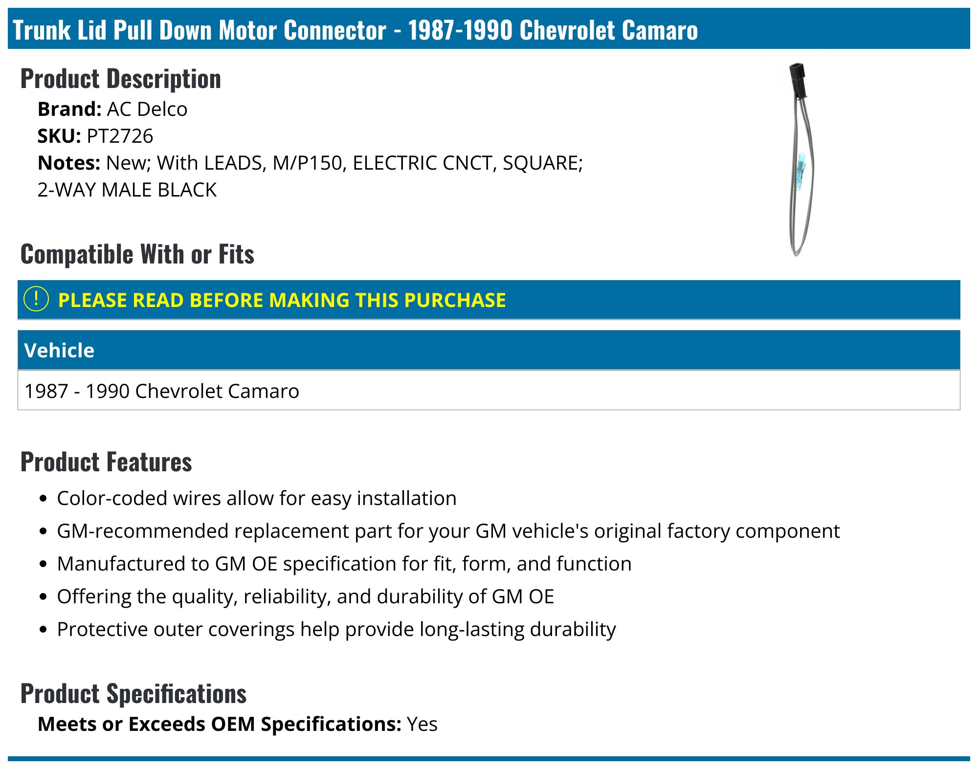 1987-1990 Chevrolet Camaro Trunk Lid Pull Down Motor Connector - AC ...