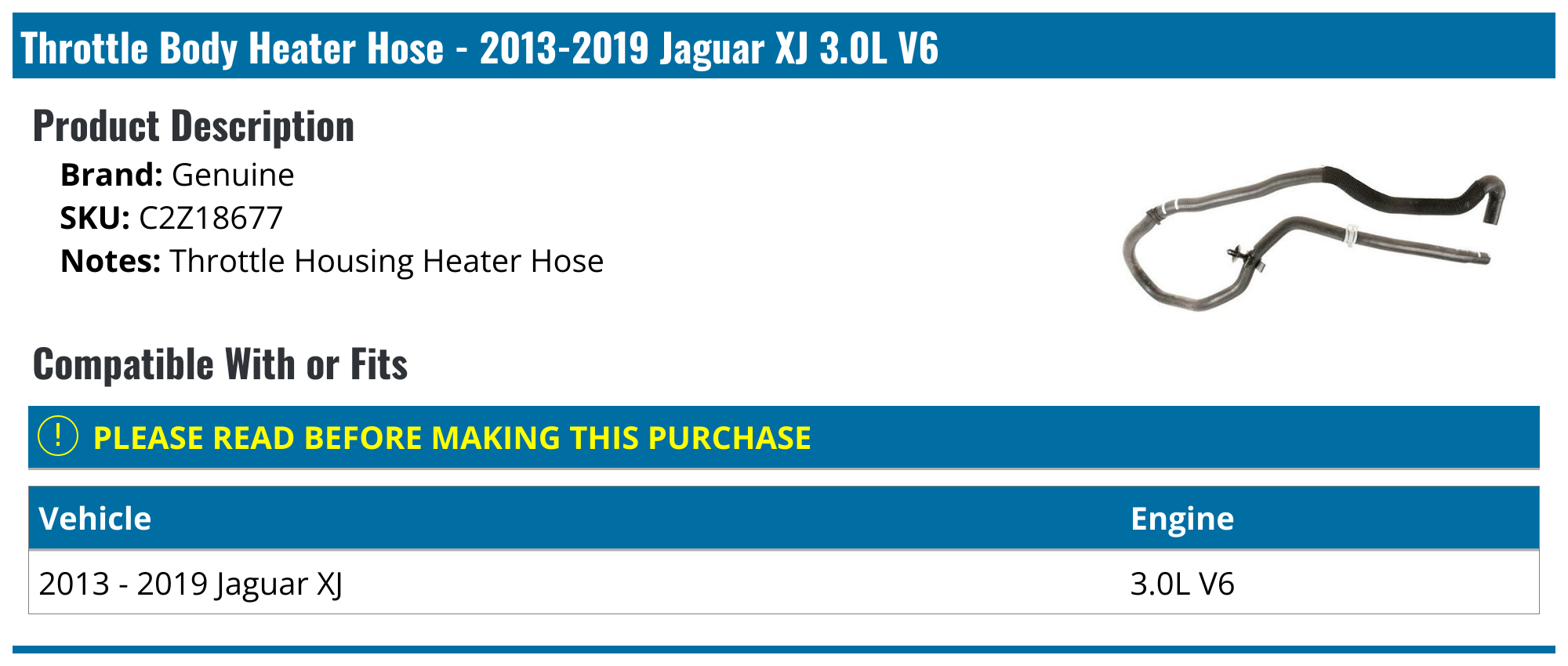 2013-2019 Jaguar XJ Throttle Body Heater Hose - Genuine C2Z18677 ...