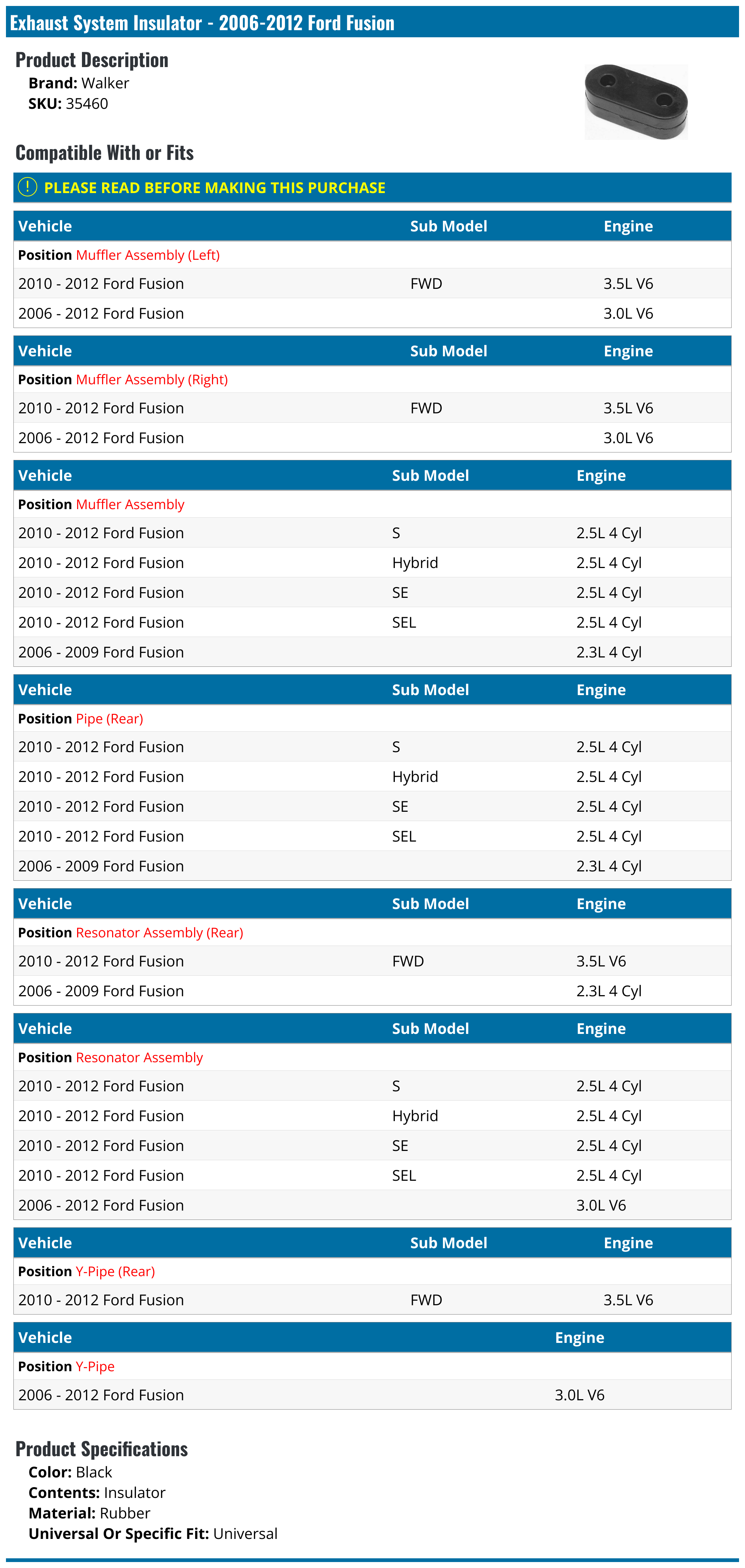2006-2012 Ford Fusion Exhaust System Insulator - Walker 35460 - Pipe ...