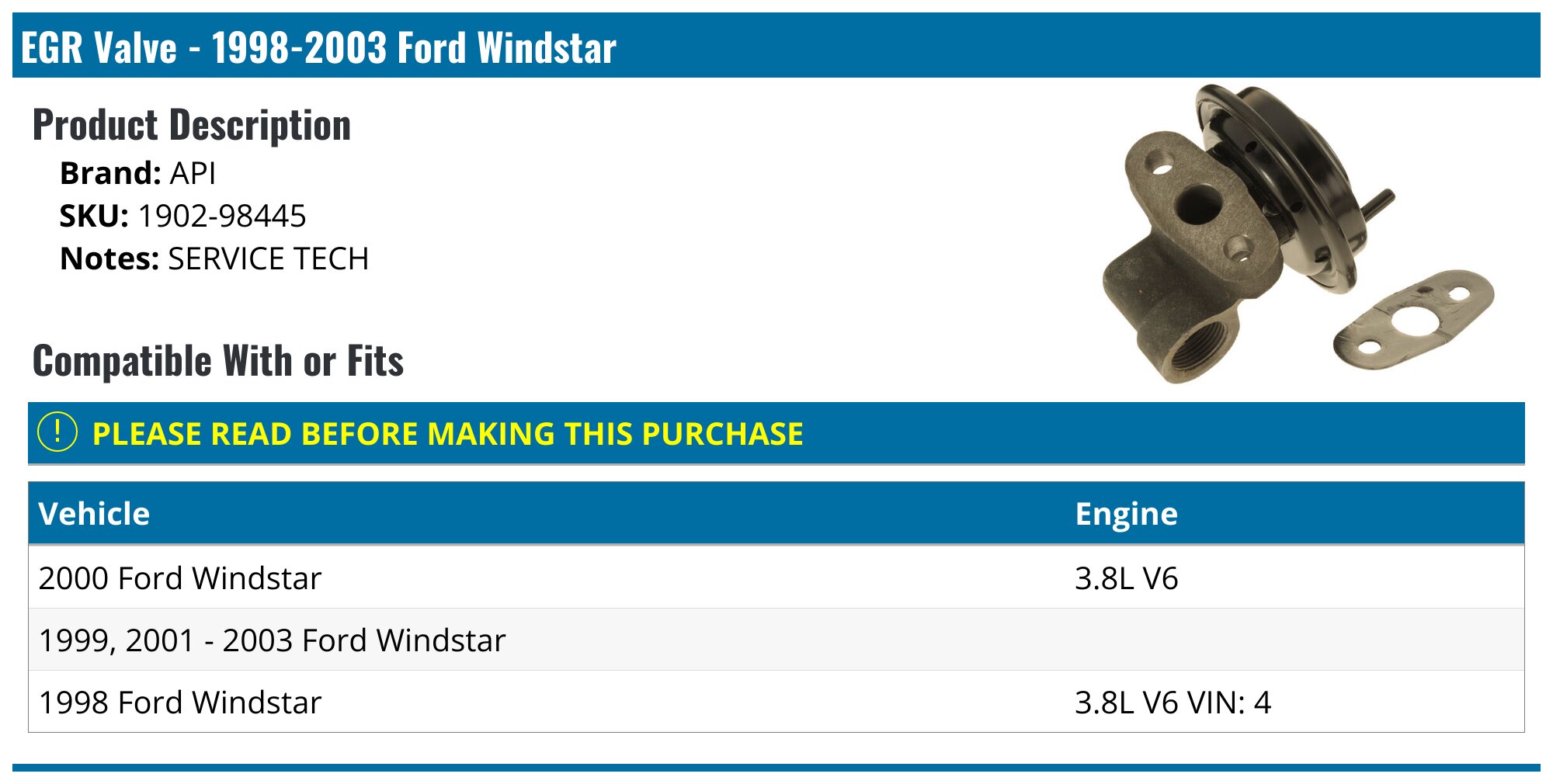 1998-2003 Ford Windstar EGR Valve - API 5588-07436355 - PartsGeek.com