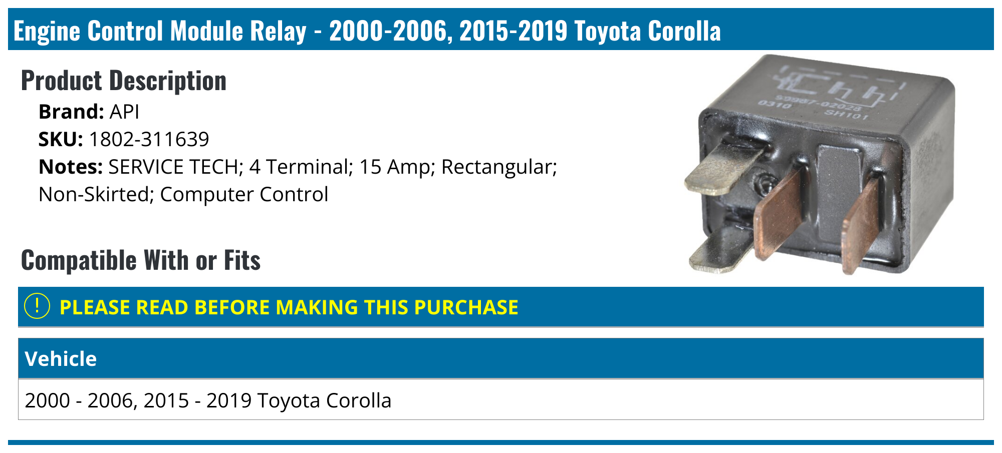 2000-2006, 2015-2019 Toyota Corolla Engine Control Module Relay - API ...