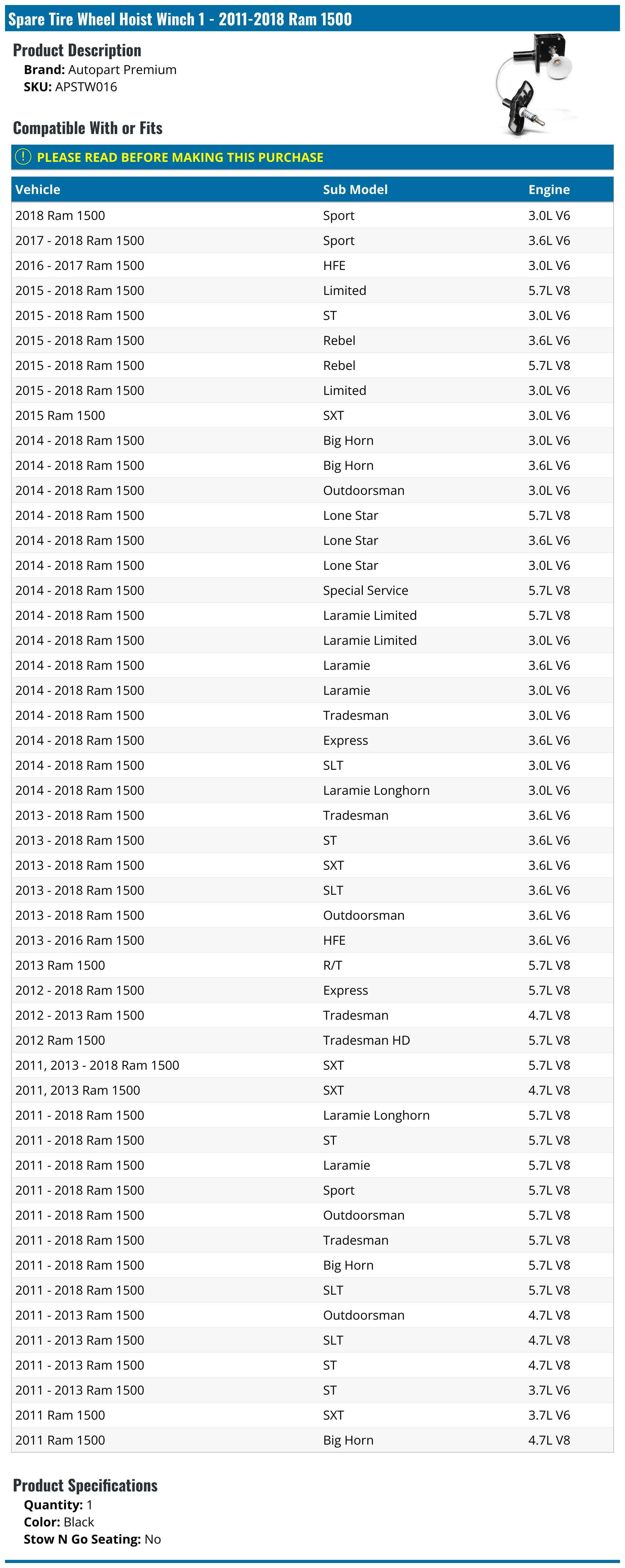 2011-2018 Ram 1500 Spare Tire Hoist - Autopart Premium APSTW016 ...