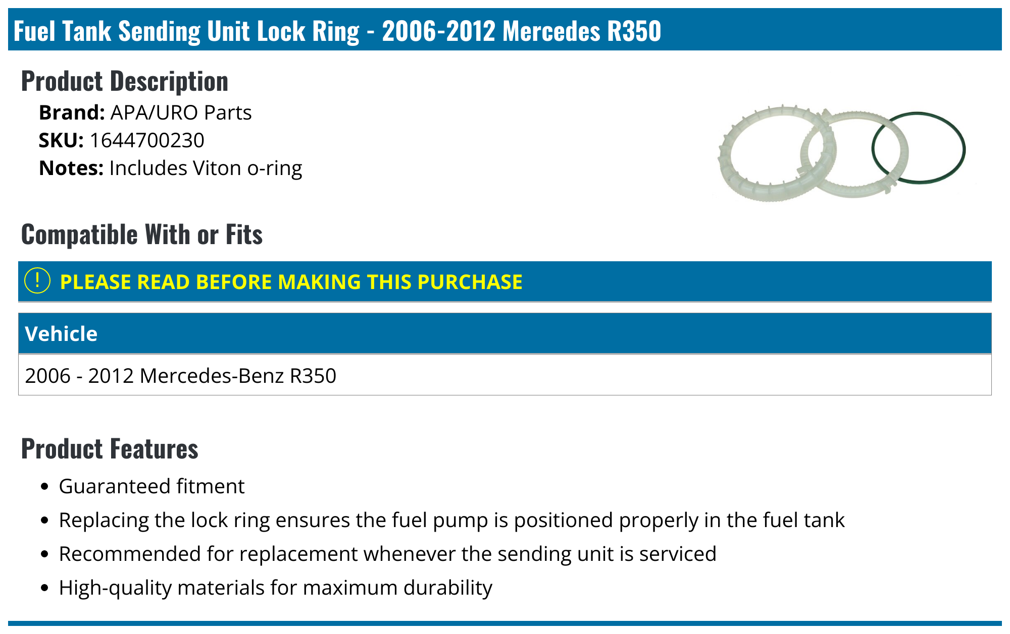2006-2012 Mercedes R350 Fuel Tank Sending Unit Lock Ring - APA/URO ...