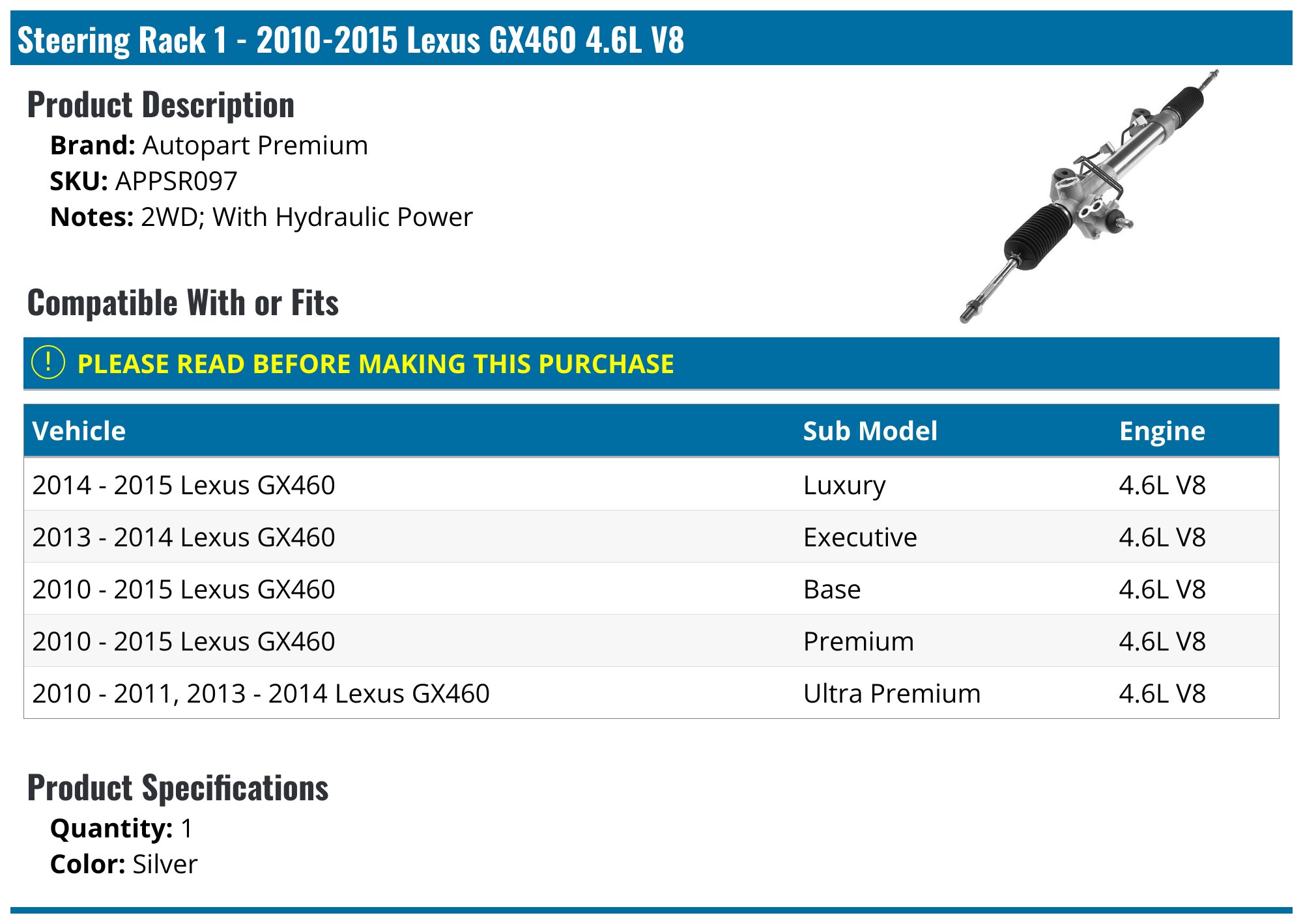 2010-2015 Lexus GX460 Steering Rack - Autopart Premium APPSR097 ...