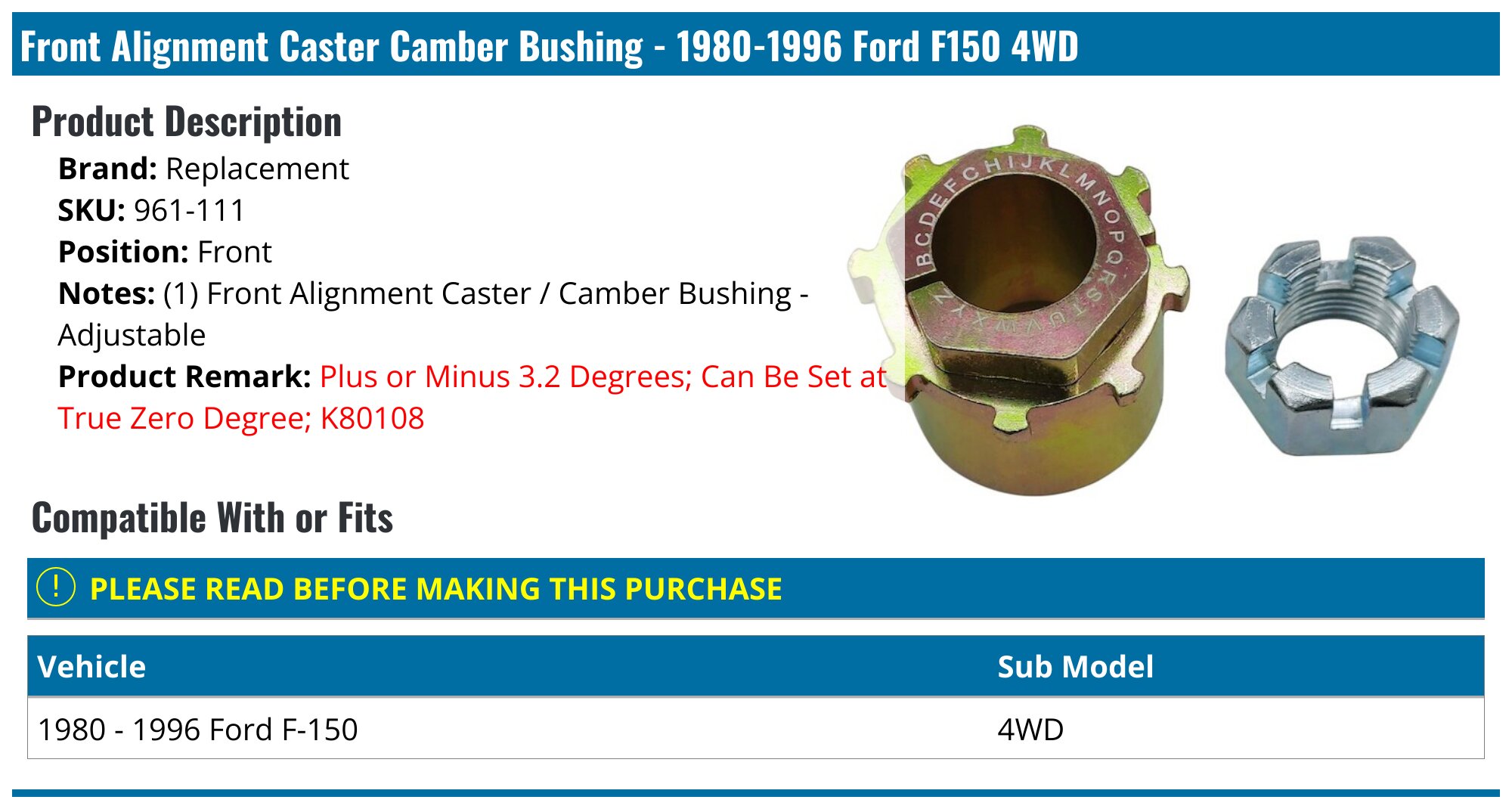 1980-1996 Ford F150 Alignment Caster Camber Bushing - Replacement 961 ...