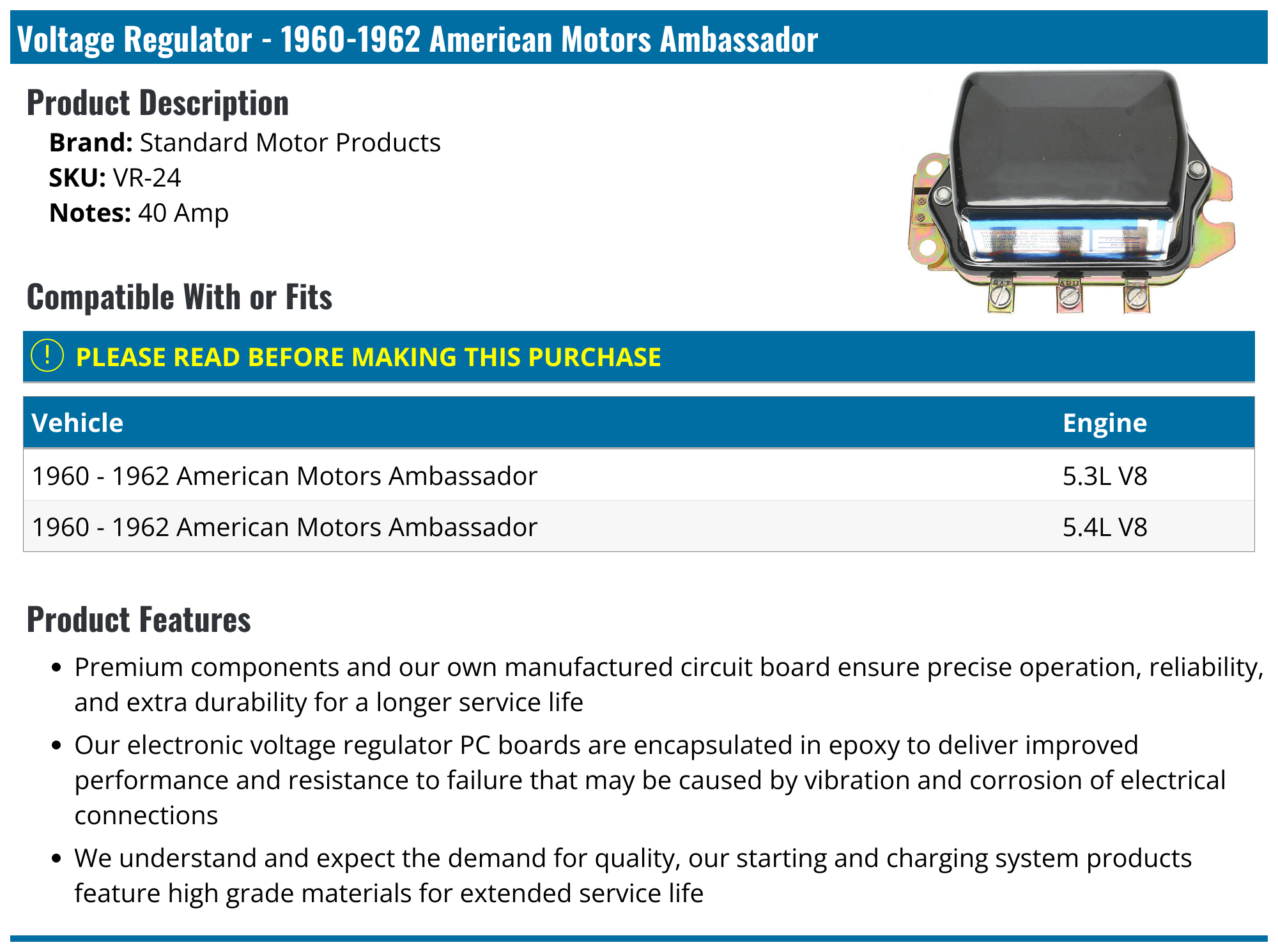 1960-1962 American Motors Ambassador Voltage Regulator - Standard Motor ...
