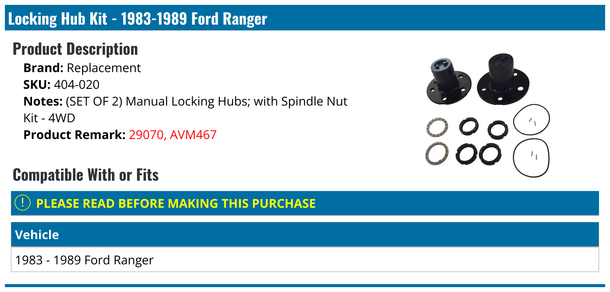 1983-1989 Ford Ranger Locking Hub - Replacement 404-020 - PartsGeek.com