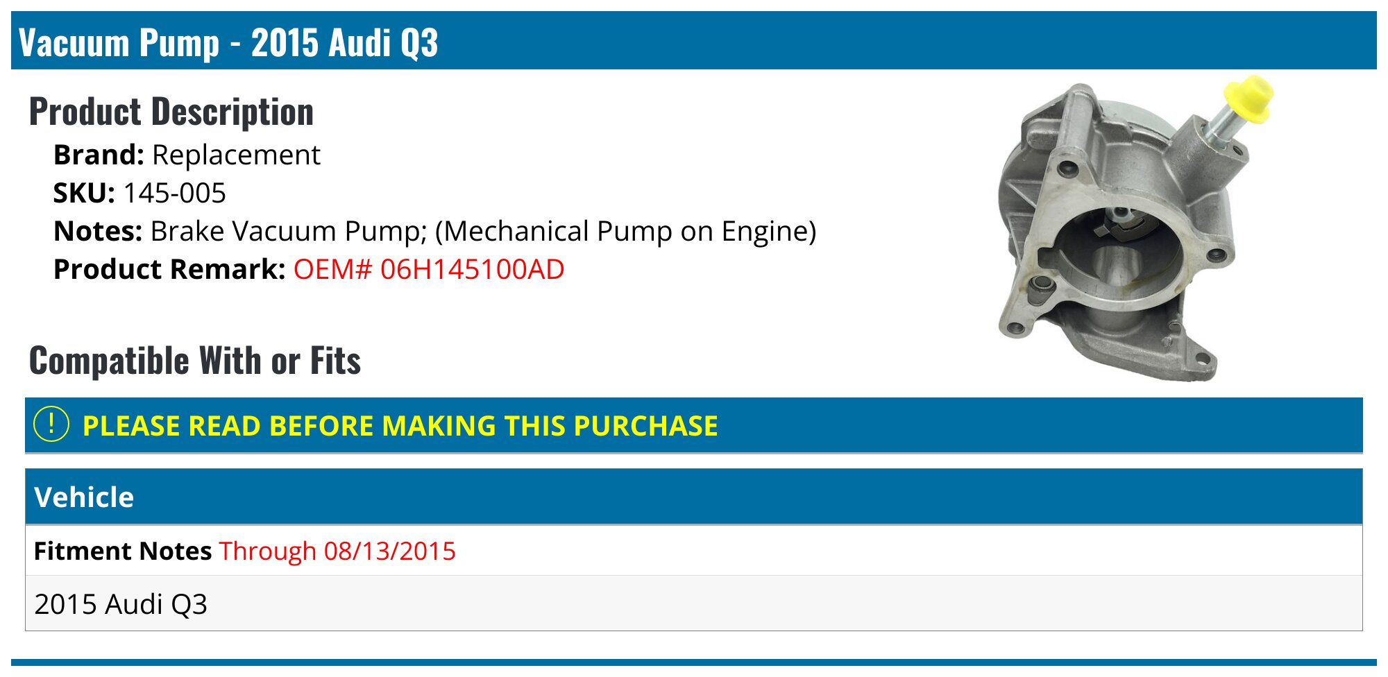 2015 Audi Q3 Vacuum Pump - Replacement 145-005 - PartsGeek.com