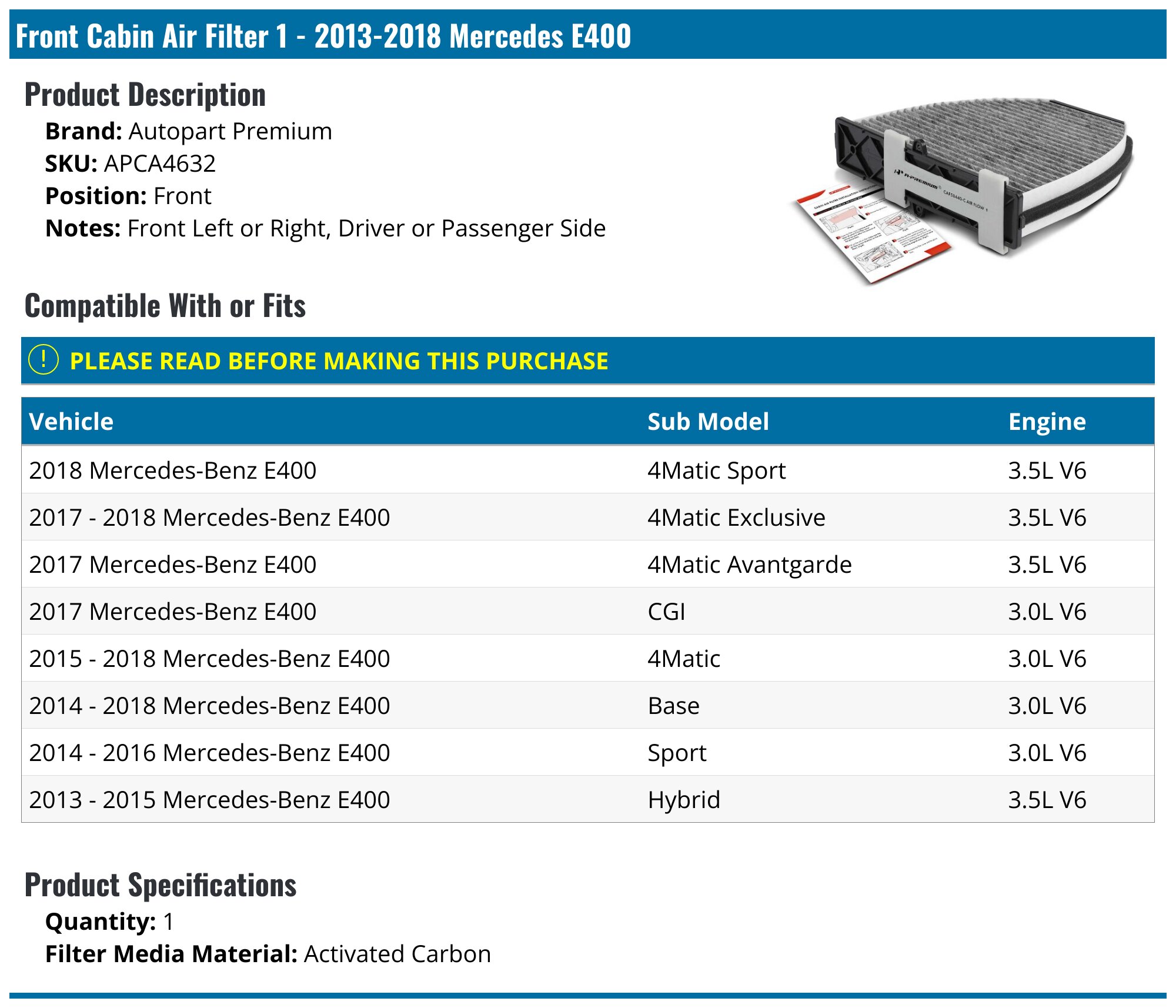 2013-2018 Mercedes E400 Cabin Air Filter - Autopart Premium APCA4632 ...