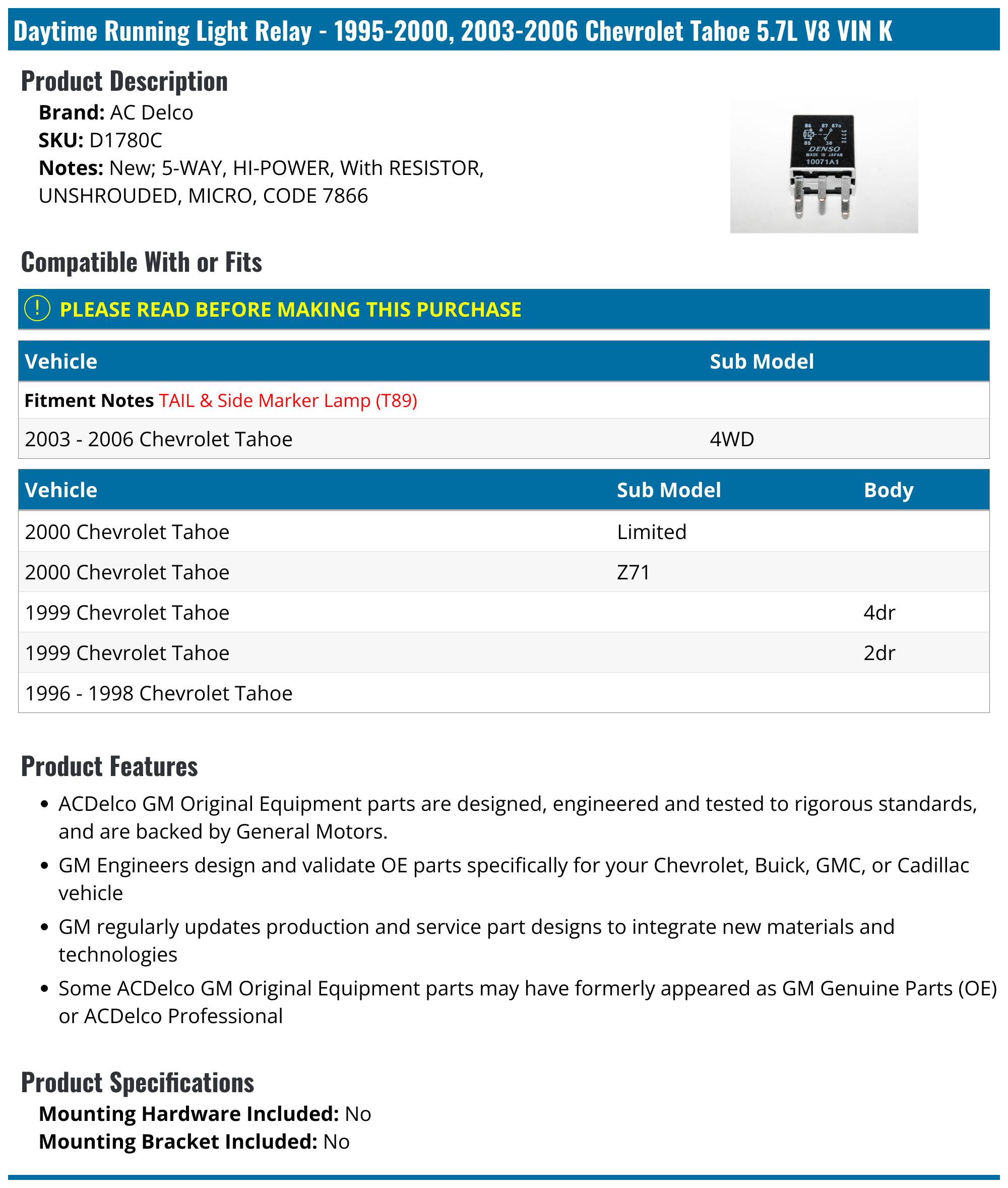 1995-2000 Chevrolet Tahoe Daytime Running Light Relay - AC Delco D1780C ...