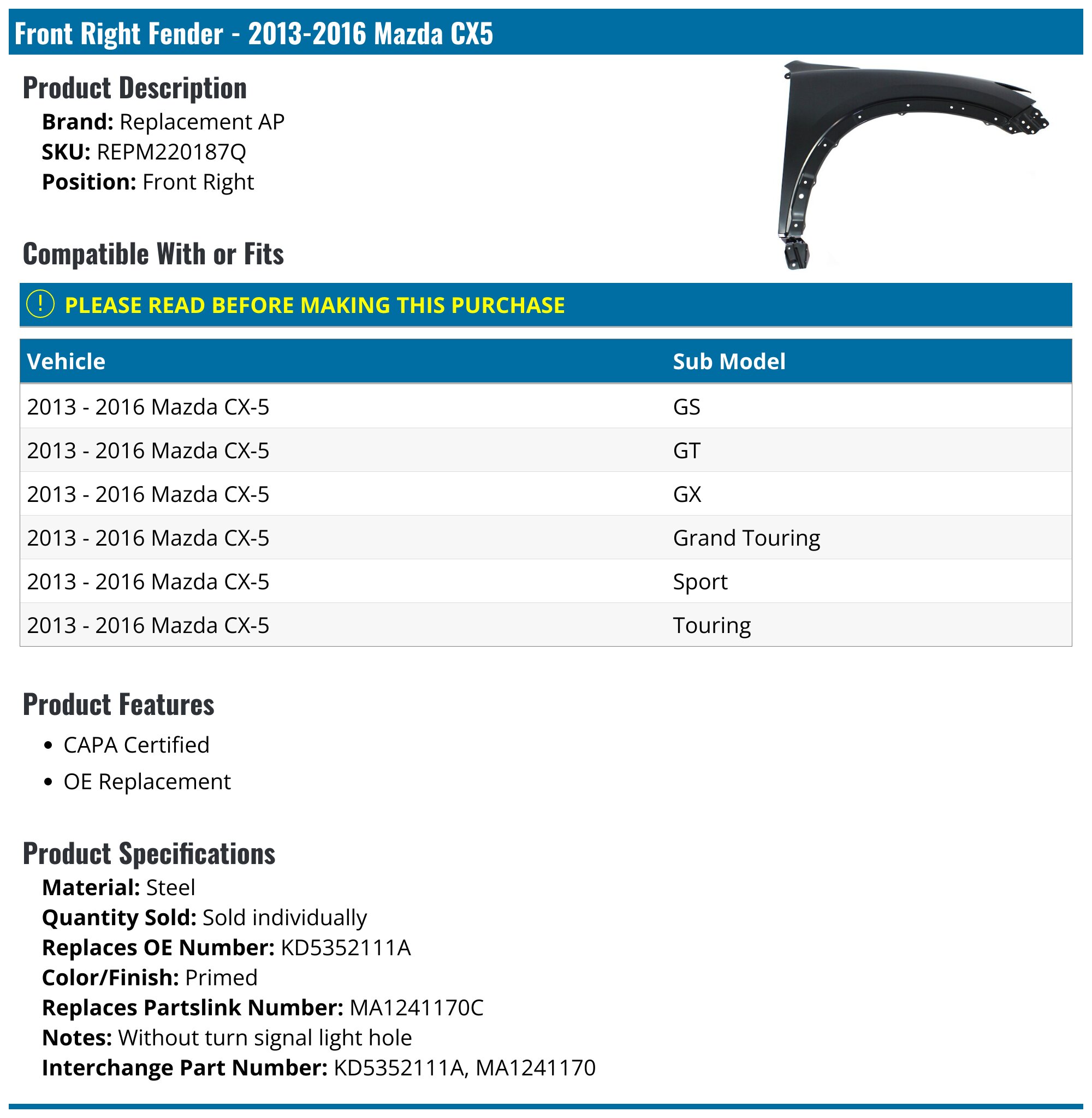 2013-2016 Mazda CX5 Fender - Replacement AP REPM220187Q - Front Right ...