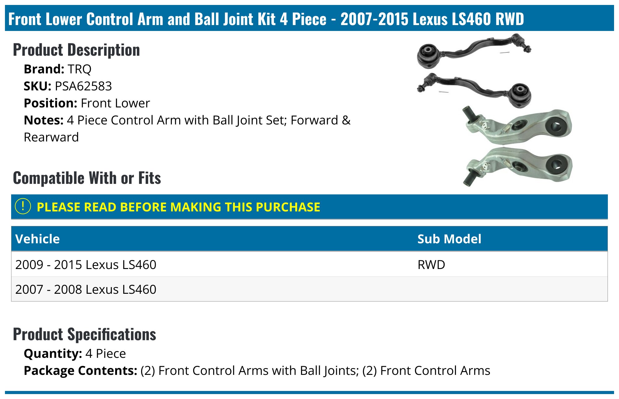 2007-2015 Lexus LS460 Control Arm - TRQ PSA62583 - Front Lower ...