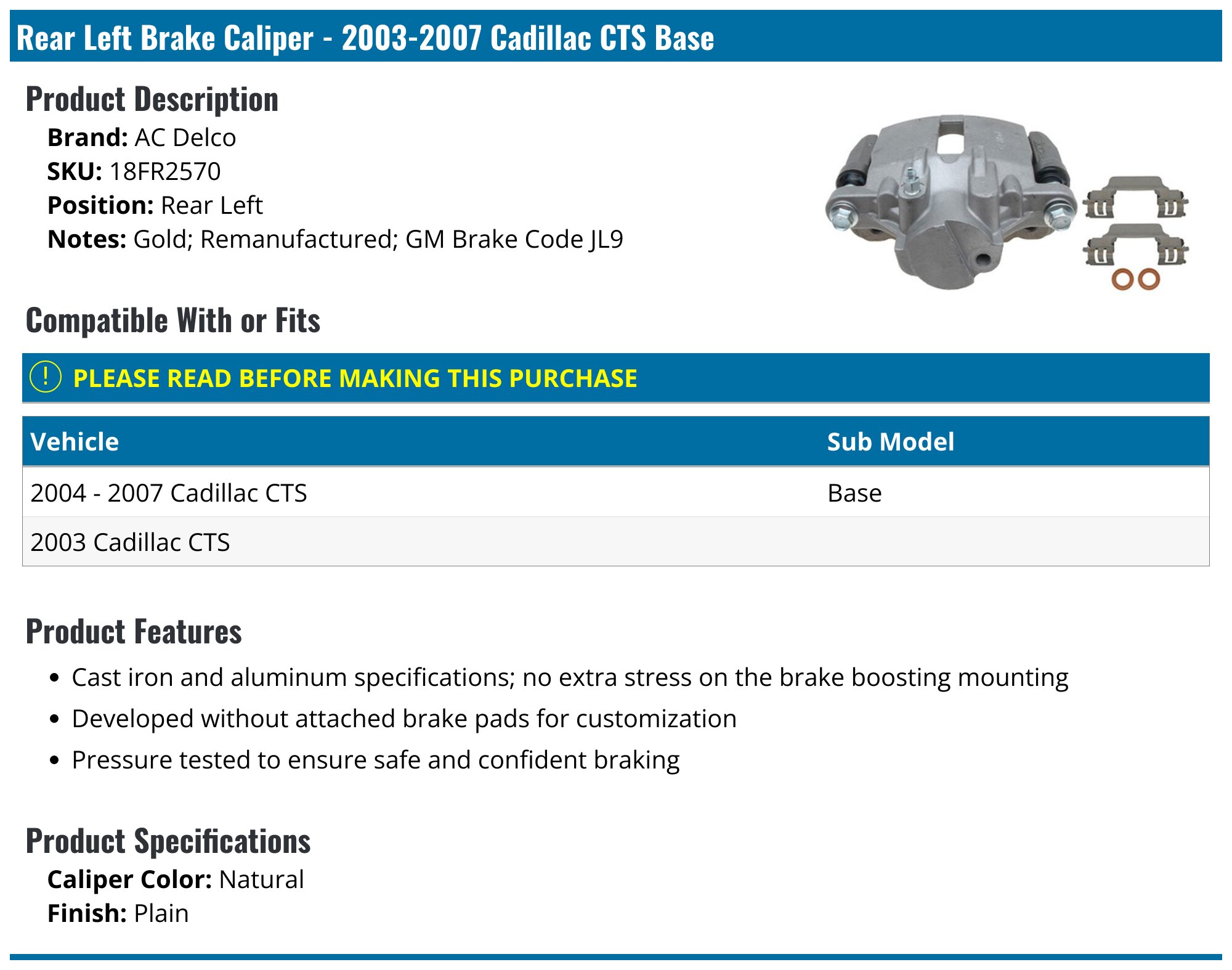 2003-2007 Cadillac CTS Brake Caliper - AC Delco 18FR2570 - Rear Left ...