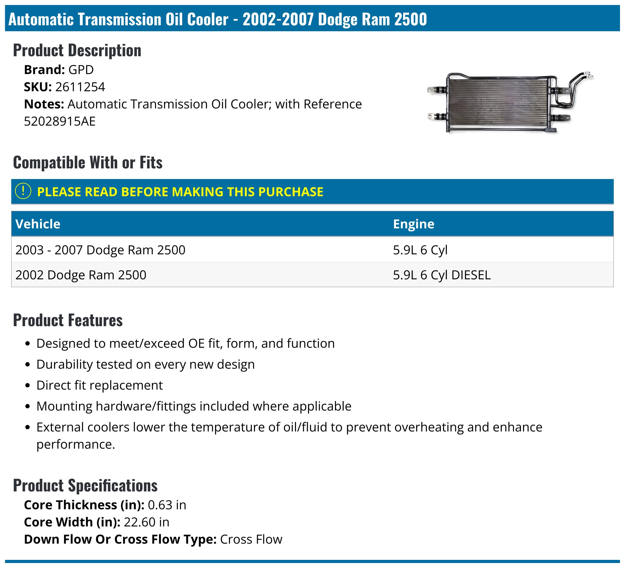2002-2007 Dodge Ram 2500 Automatic Transmission Oil Cooler - GPD ...