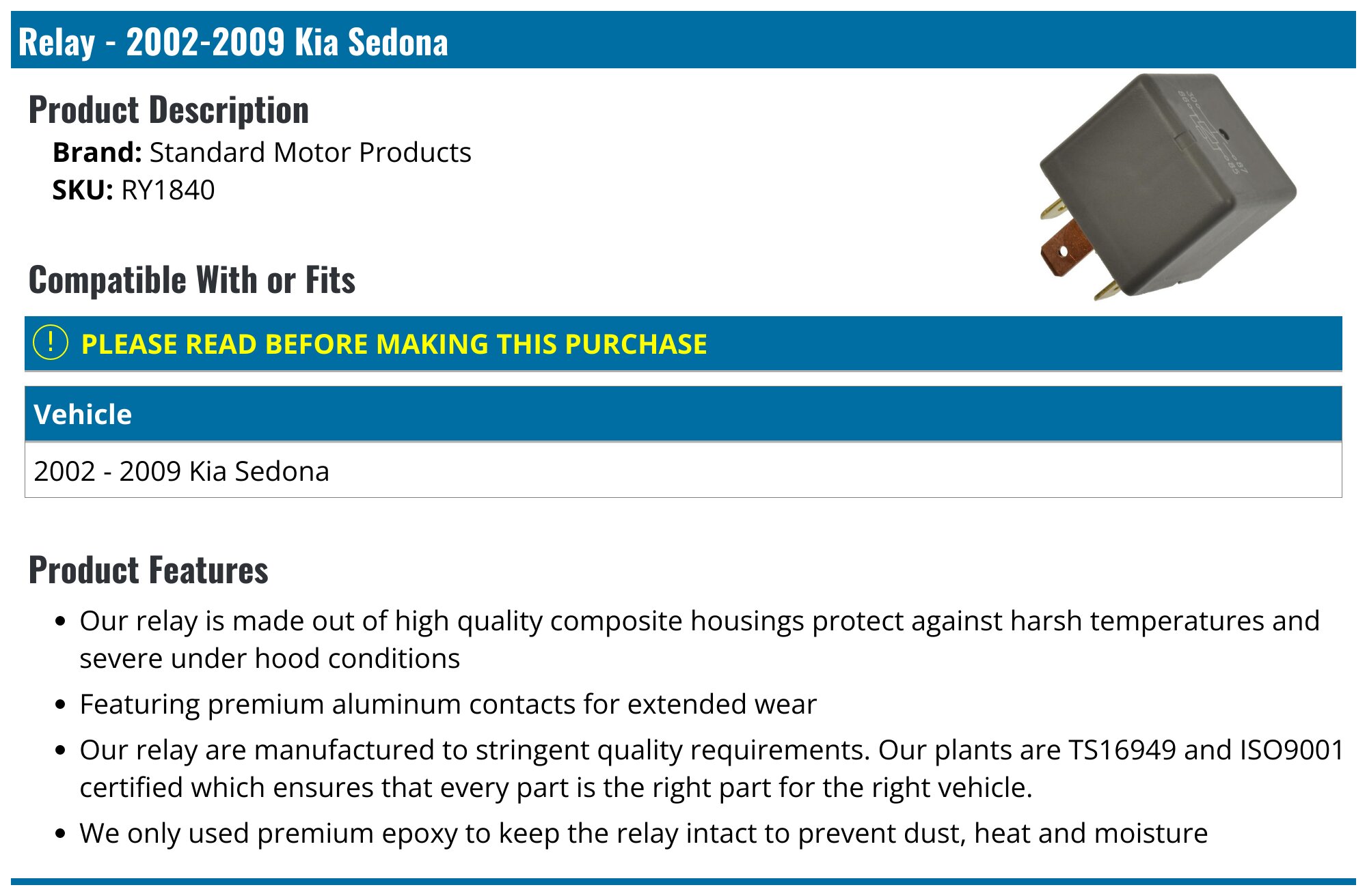 2002-2009 Kia Sedona Relay - Standard Motor Products RY1840 - PartsGeek.com
