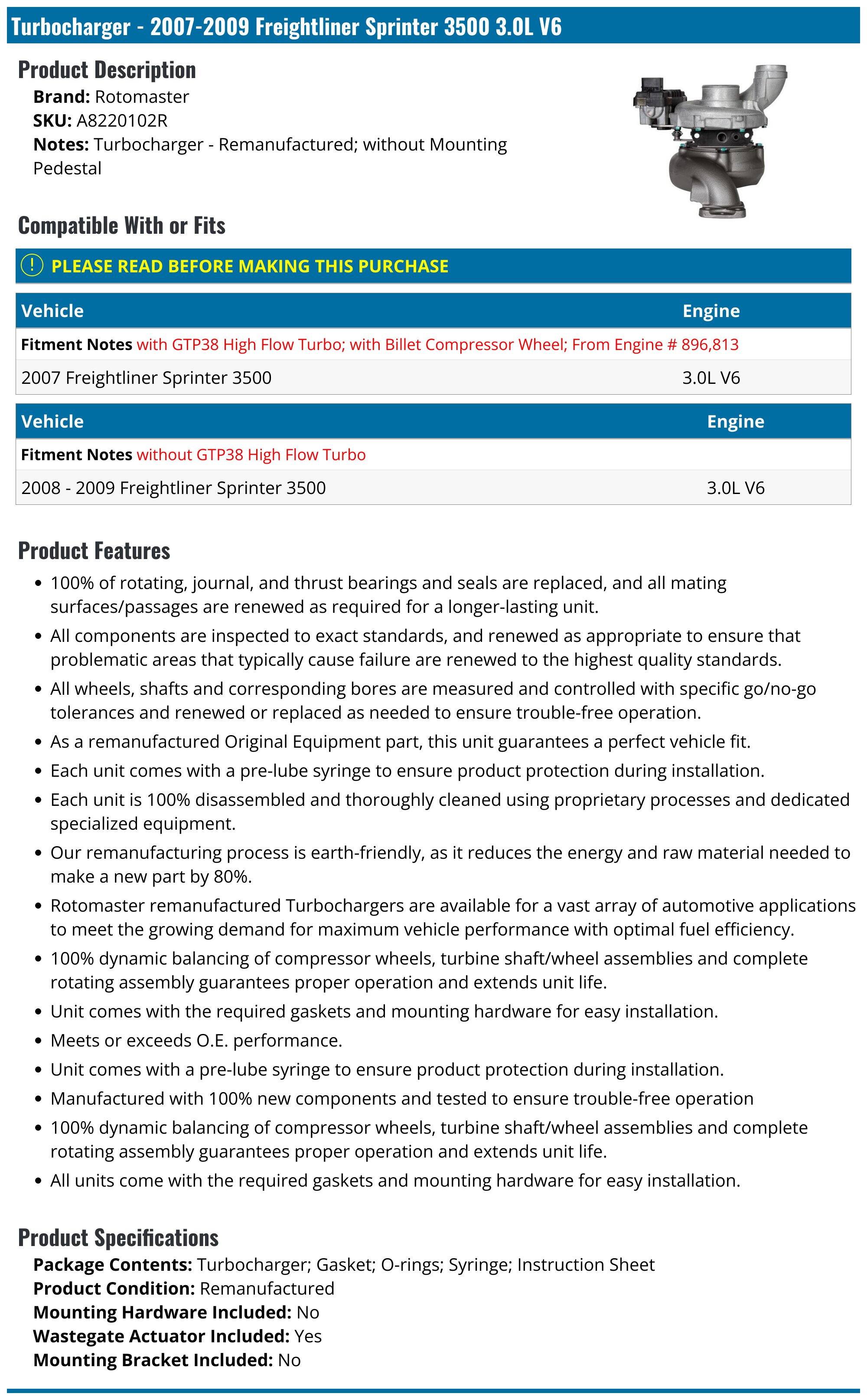 2007-2009 Freightliner Sprinter 3500 Turbocharger - Rotomaster ...
